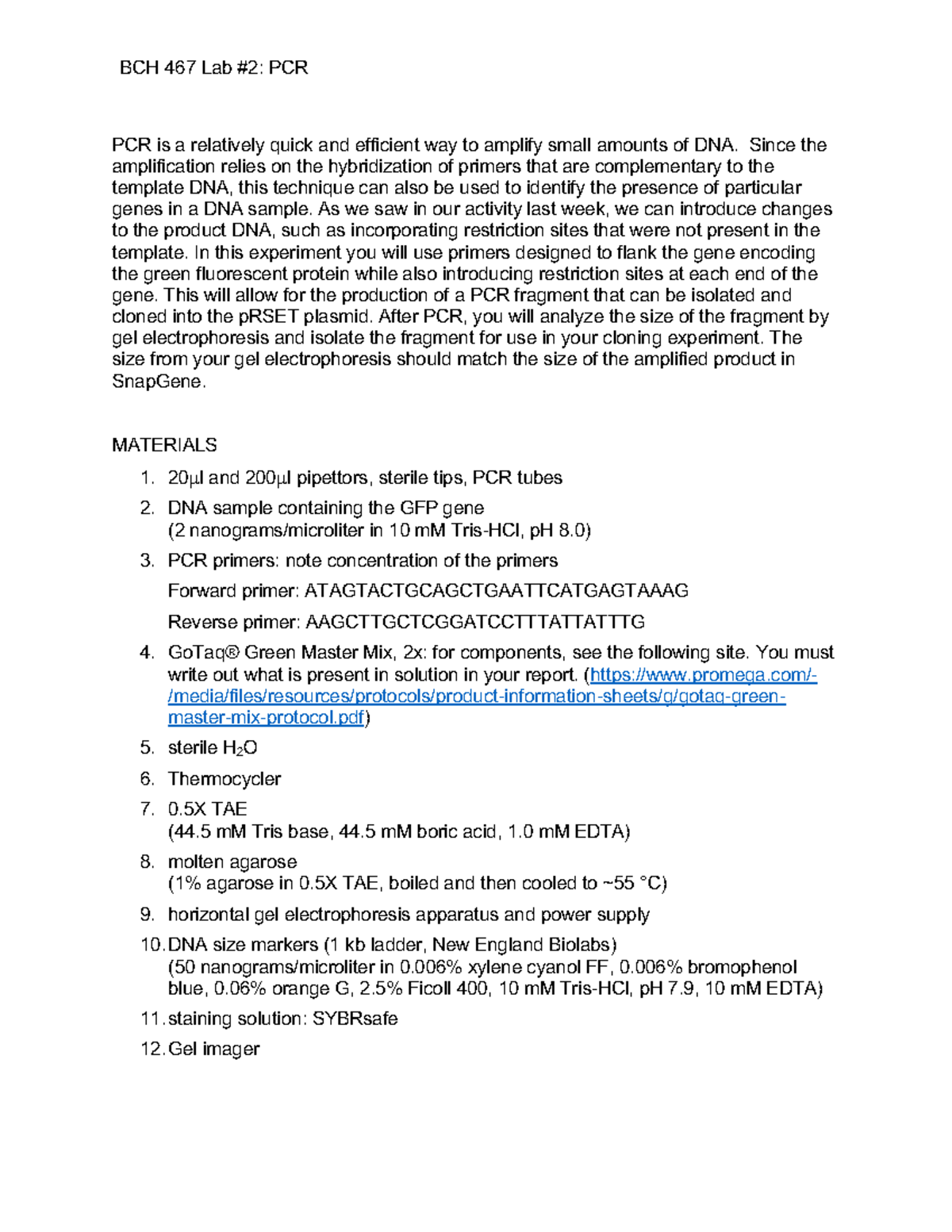 Protocol 2 PCR 210823 - lab of ocr - BCH 467 Lab #2: PCR PCR is a ...