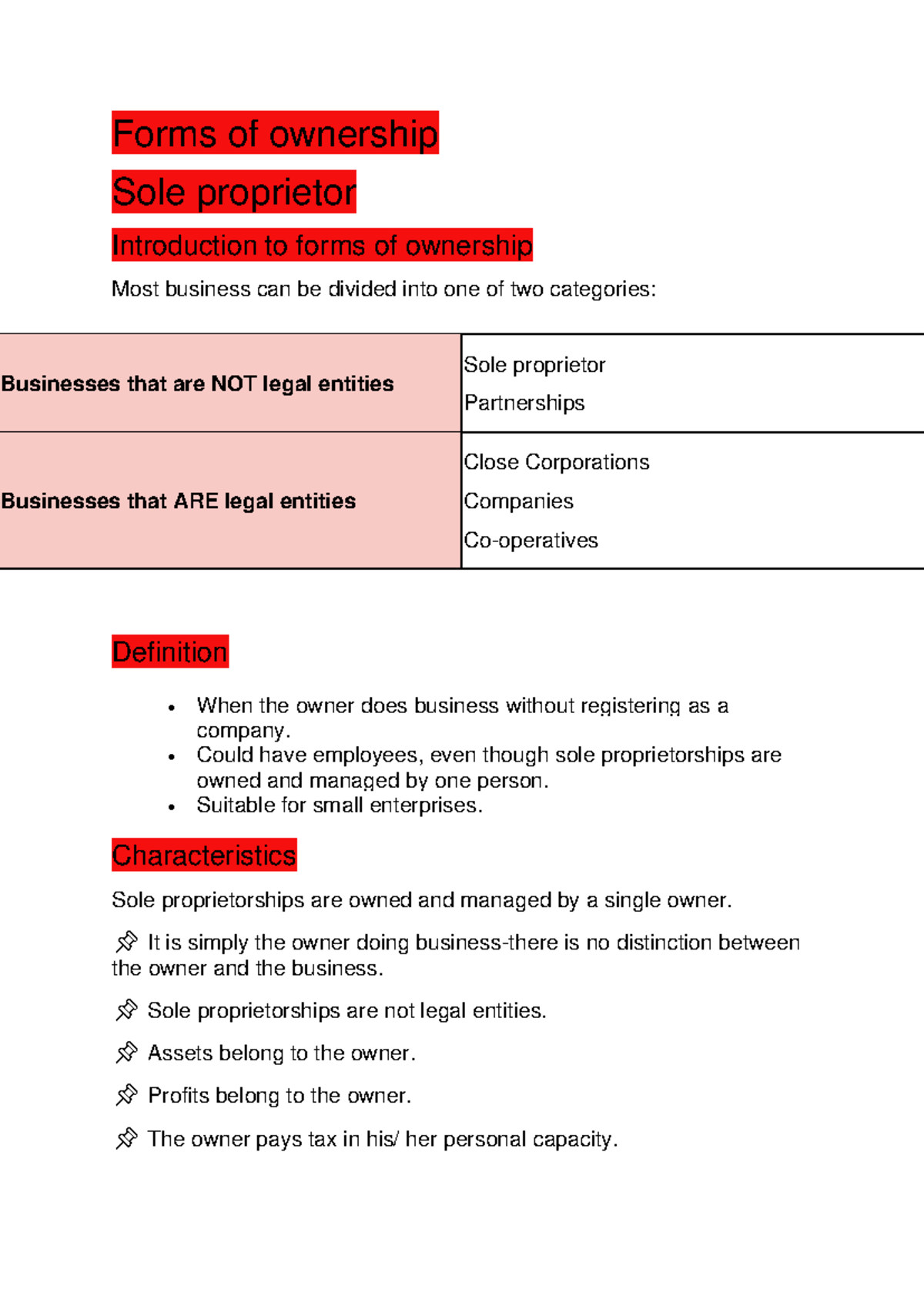 Business study material 22222222 - Forms of ownership Sole proprietor ...