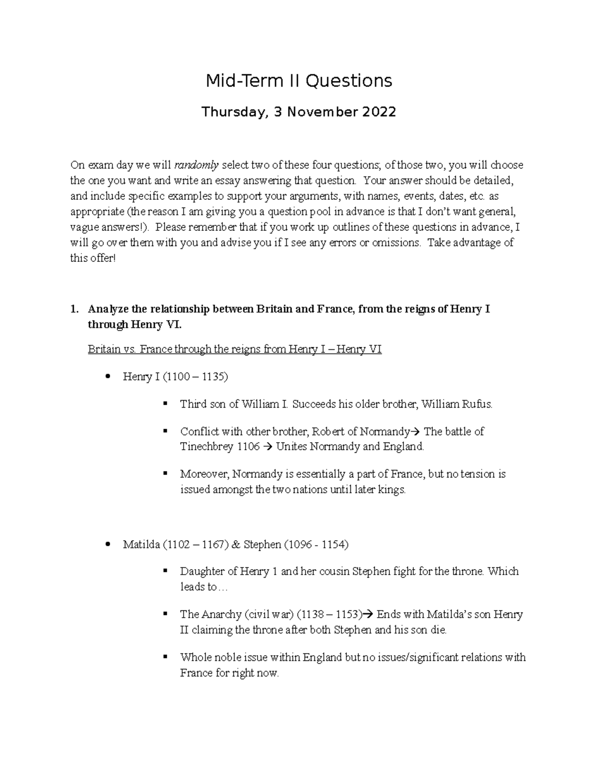 Mid-term 2 essay questions - Mid-Term II Questions Thursday, 3 November ...