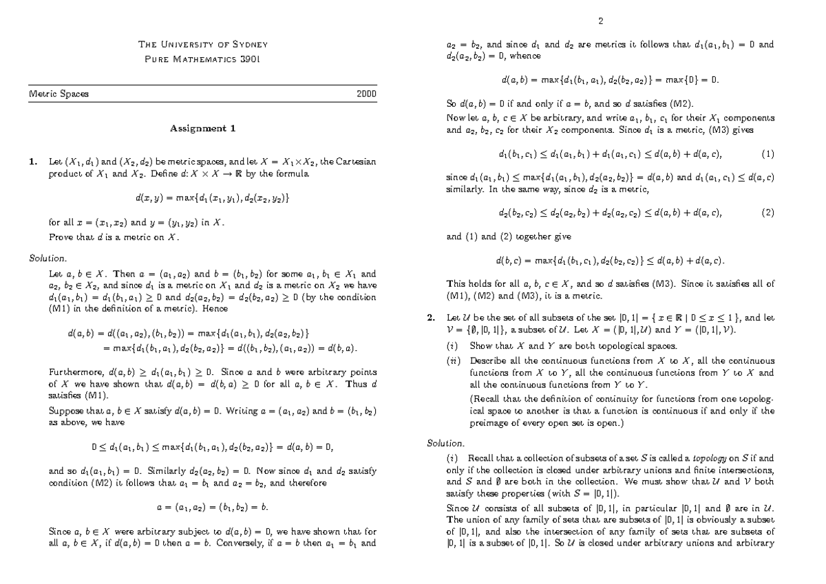 Metric And Hilbert Spaces MAST30026 - The University of Sydney Pure Mathematics 3901 Metric ...