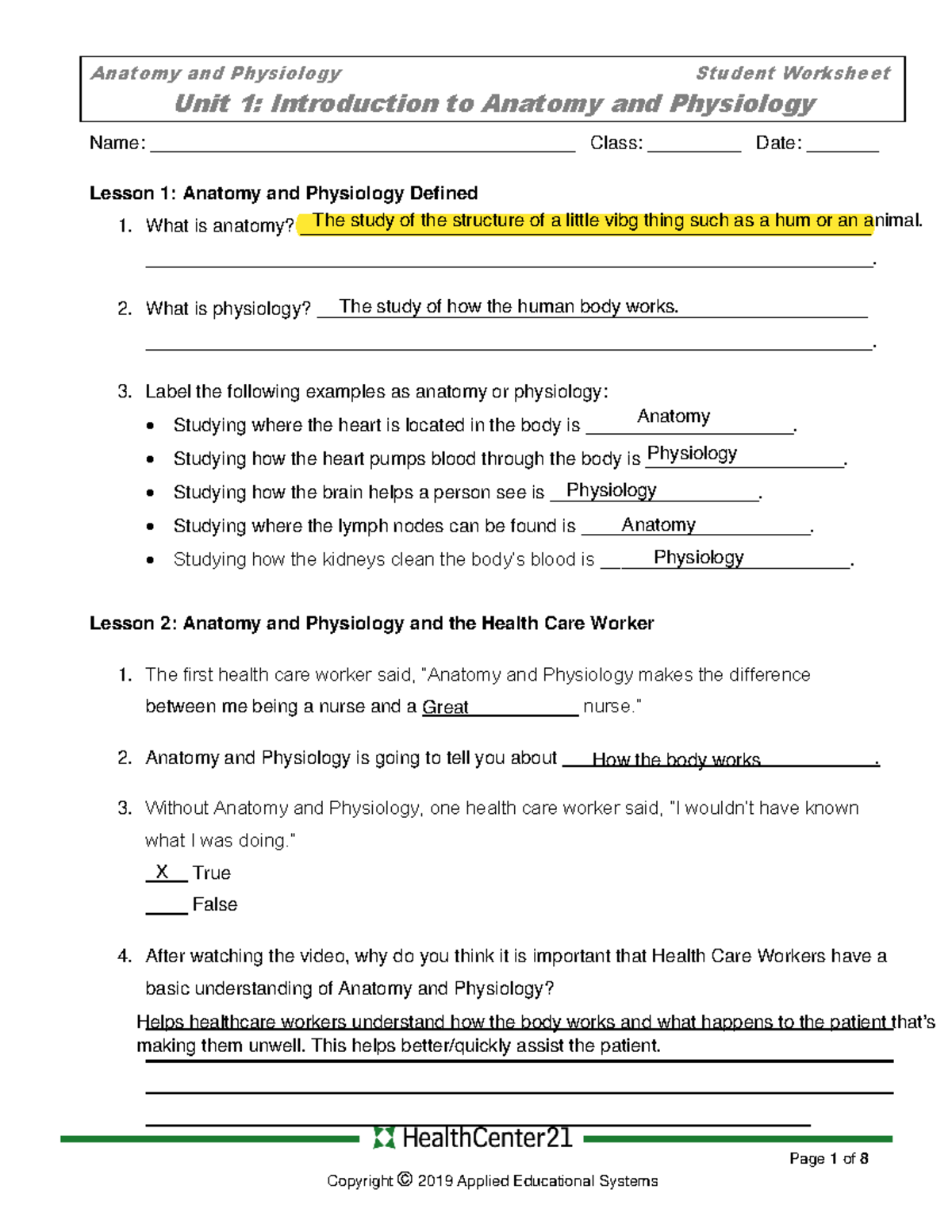 Anatomy++student+worksheet - Unit 1: Introduction to Anatomy and ...