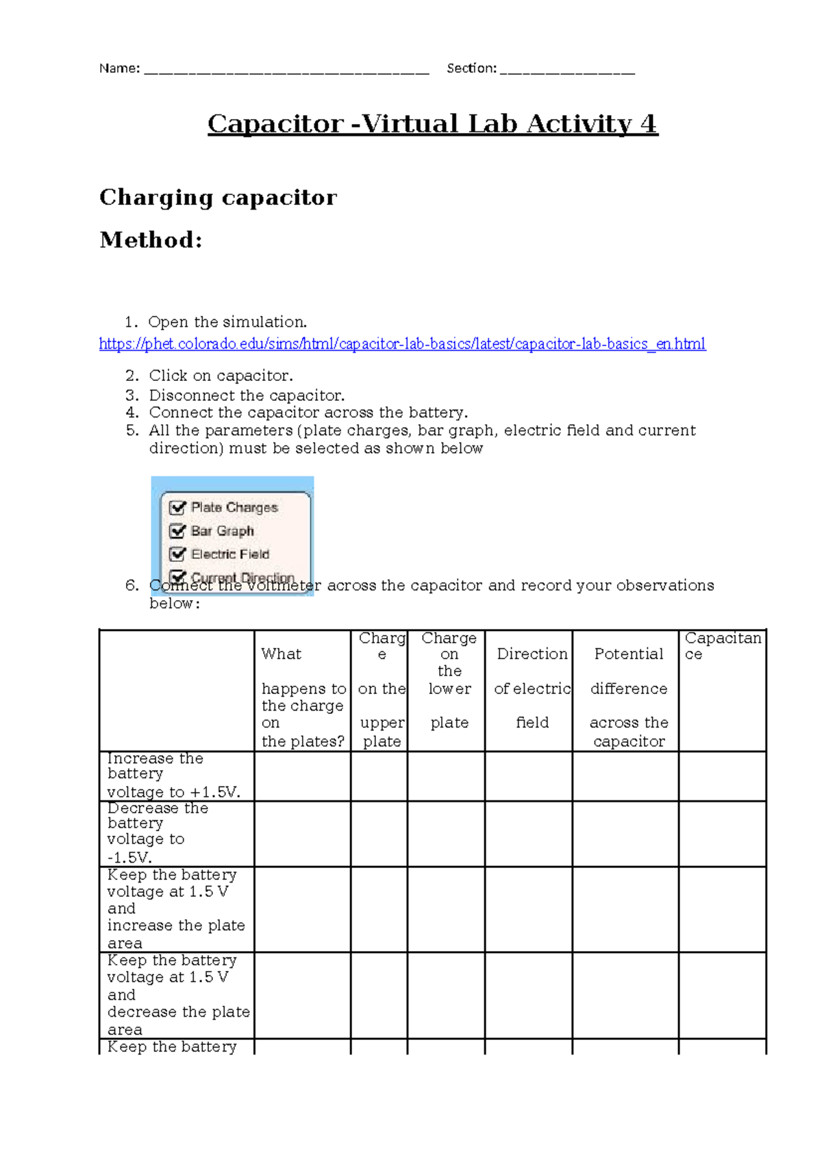 Capacitor-Virtual-Lab worksheet - Name ...