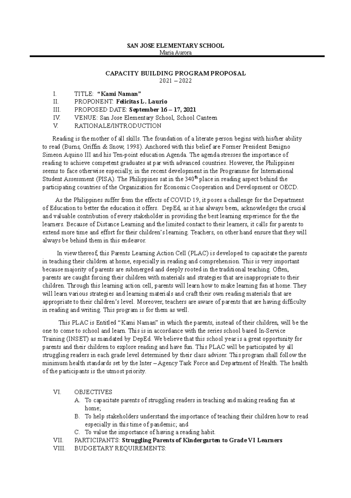 PLAC - EWDASD - SAN JOSE ELEMENTARY SCHOOL Maria Aurora CAPACITY ...