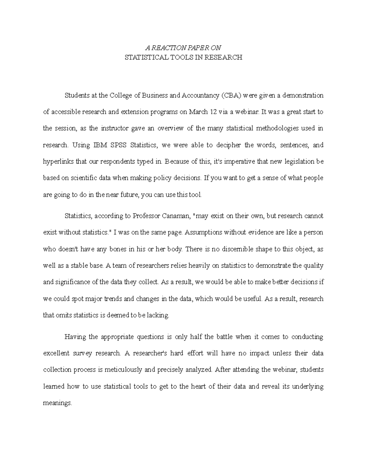 RP 01 Statistical- Tools-IN- Research - A REACTION PAPER ON STATISTICAL ...