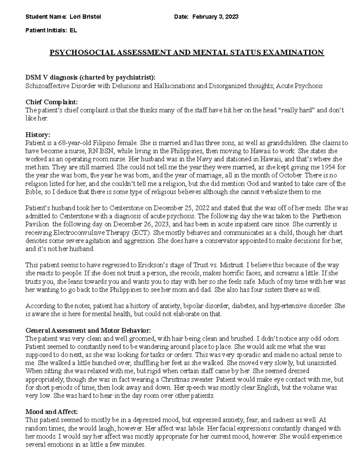 MH Psychosocial Assessment and MSE week 2 - Student Name: Lori Bristol ...