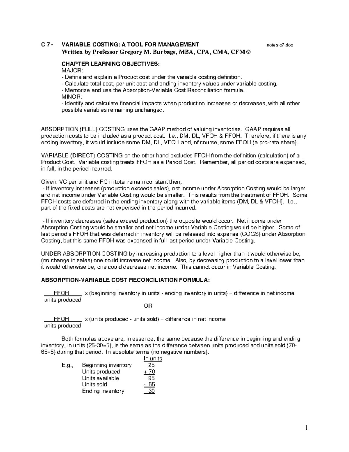 Notes-c7 - Class note of Accounting - 1 C 7 - VARIABLE COSTING: A TOOL ...