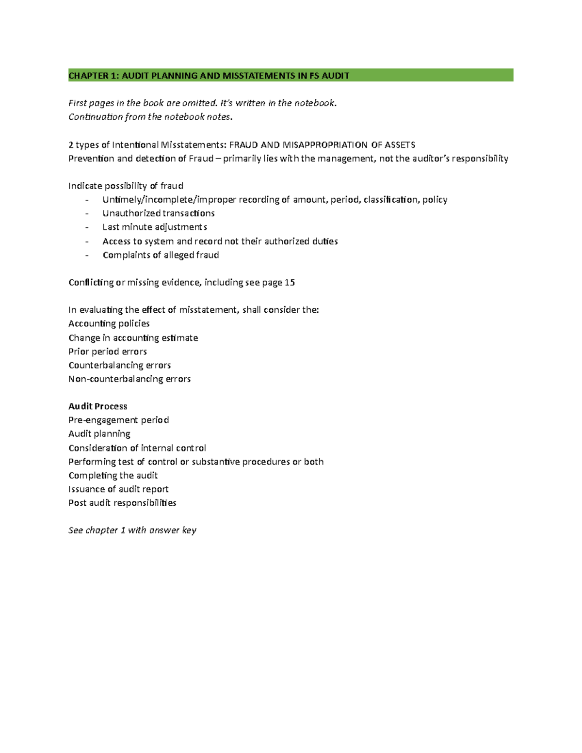 AACA1- Notes - CHAPTER 1: AUDIT PLANNING AND MISSTATEMENTS IN FS AUDIT ...