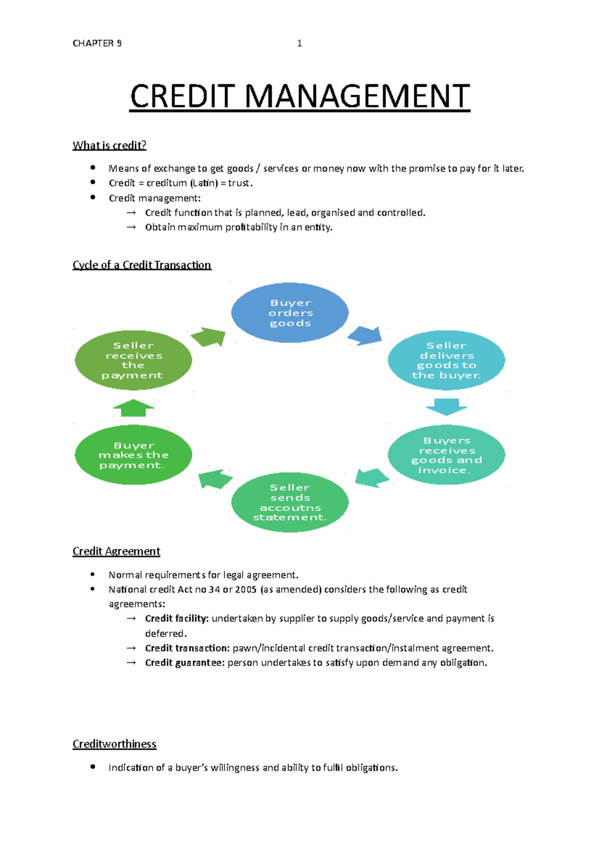 Chapter 9 - WHAT YOU NEED TO KNOW FOR THE EXAM - CREDIT MANAGEMENT What ...