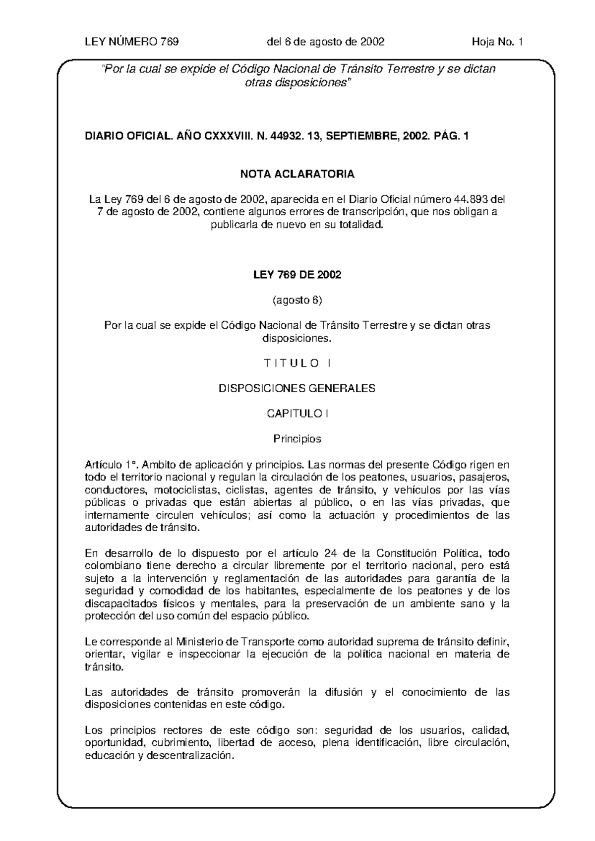 Codigo Nacional de Transito Terrestre Ley 769 2002 - “Por la cual se ...