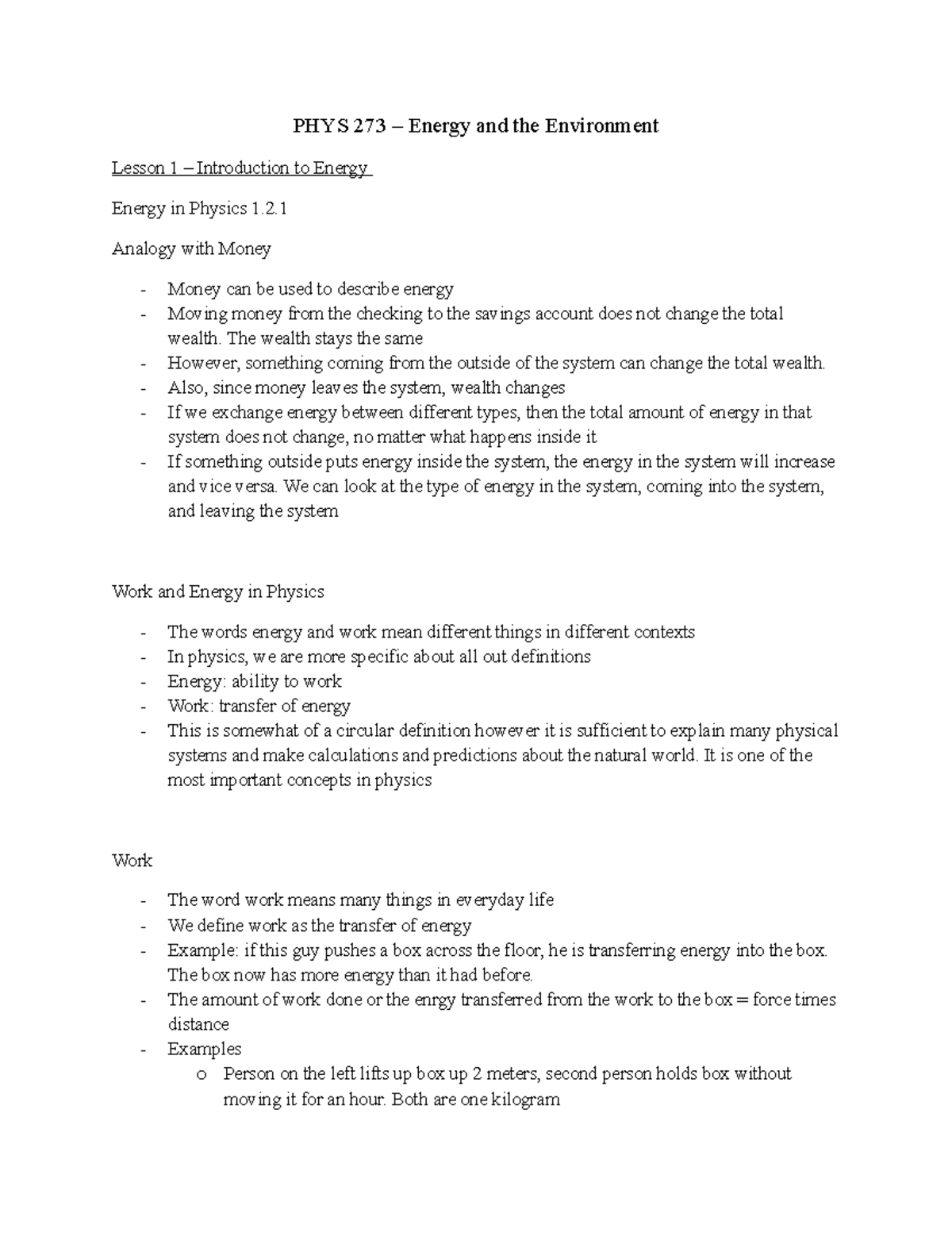 PHYS 273 - Summary Energy and Environment - PHYS 273 – Energy and the Environment Lesson 1 ...