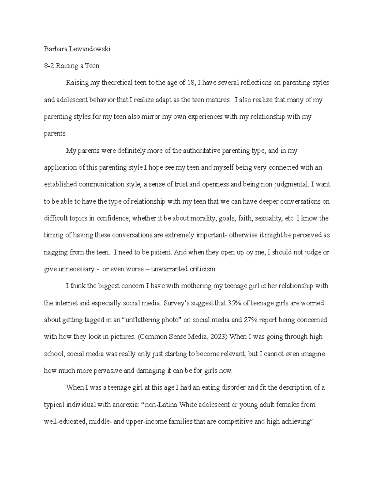 8-2 Raising a Teen - Assignment 8-2 - Barbara Lewandowski 8-2 Raising a ...