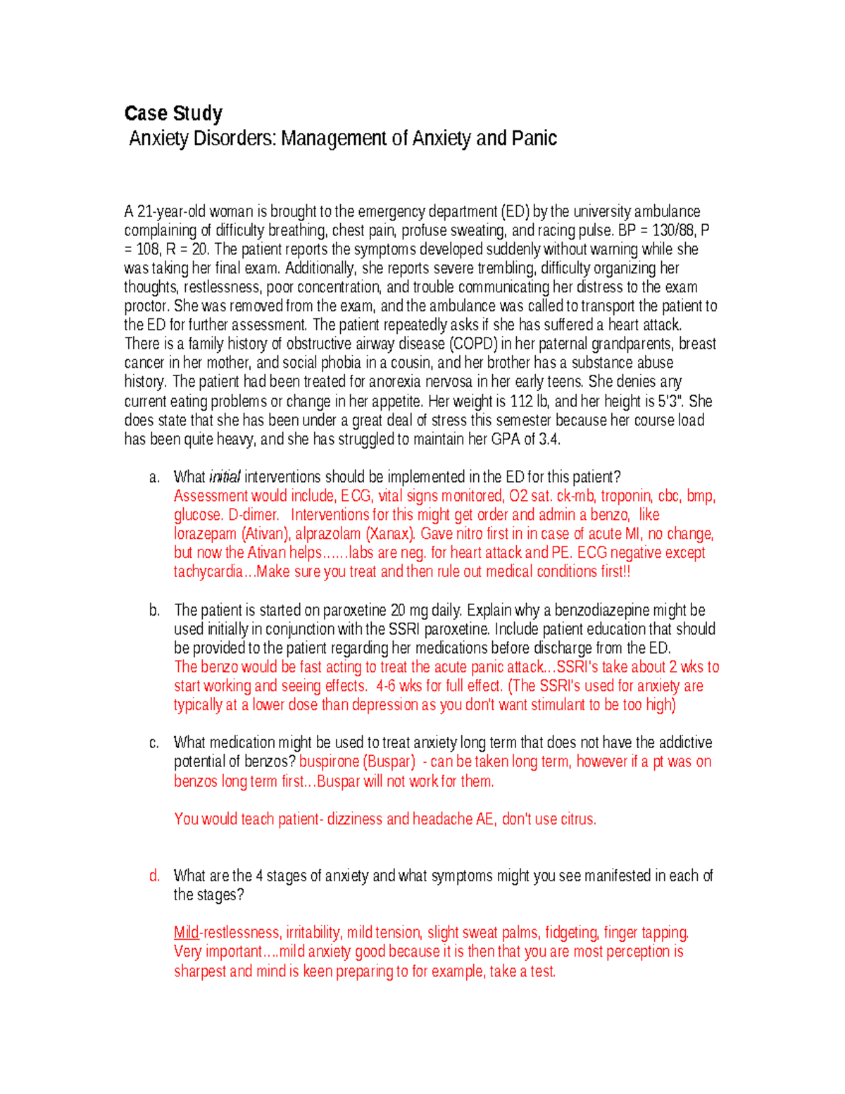 Anxiety and Panic Case Study KEY (2)-1 - Case Study Anxiety Disorders ...