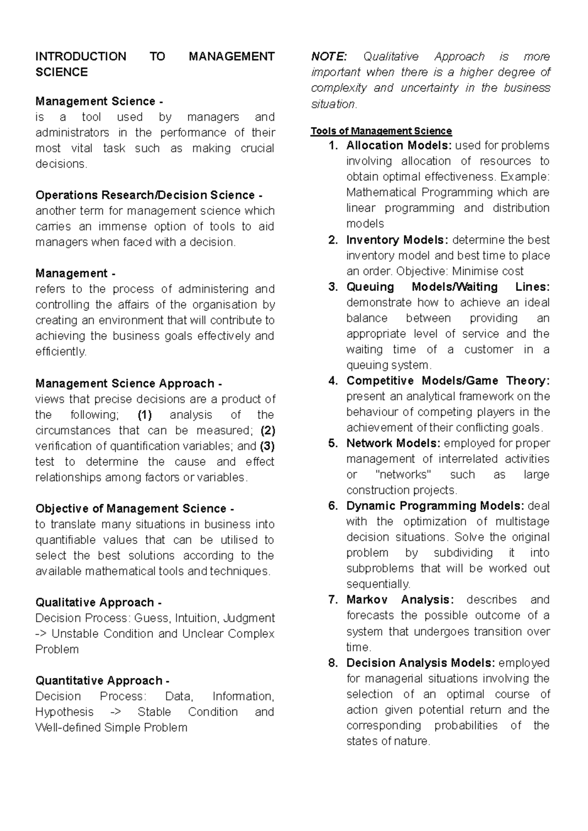 MGT208 Mana Sci - Notes - INTRODUCTION TO MANAGEMENT SCIENCE Management ...