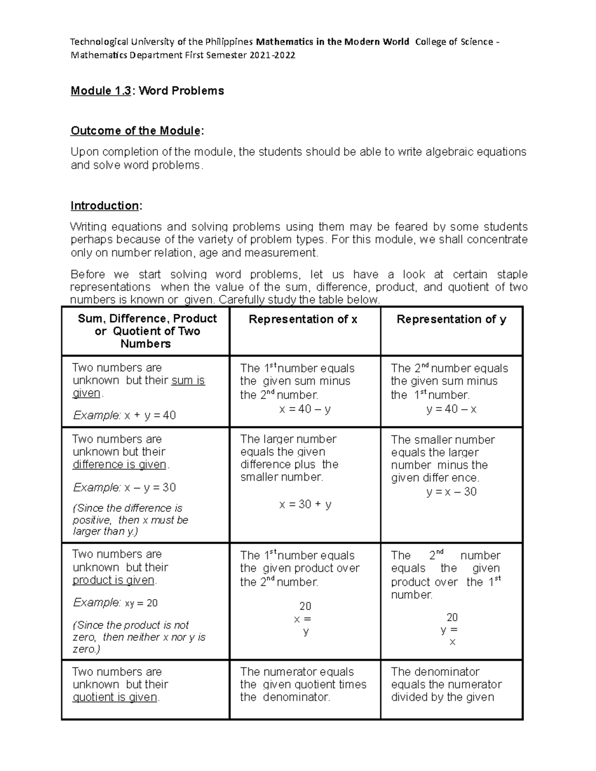 Module 1.3 Word Problems - Technological University of the Philippines ...