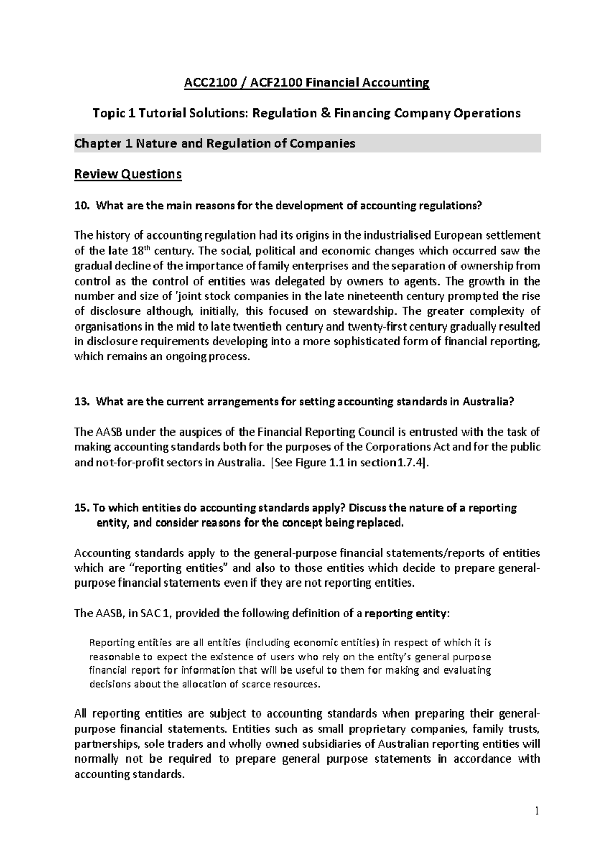Tutorial solution 1 - ACC2100 / ACF2100 Financial Accounting Topic 1 ...