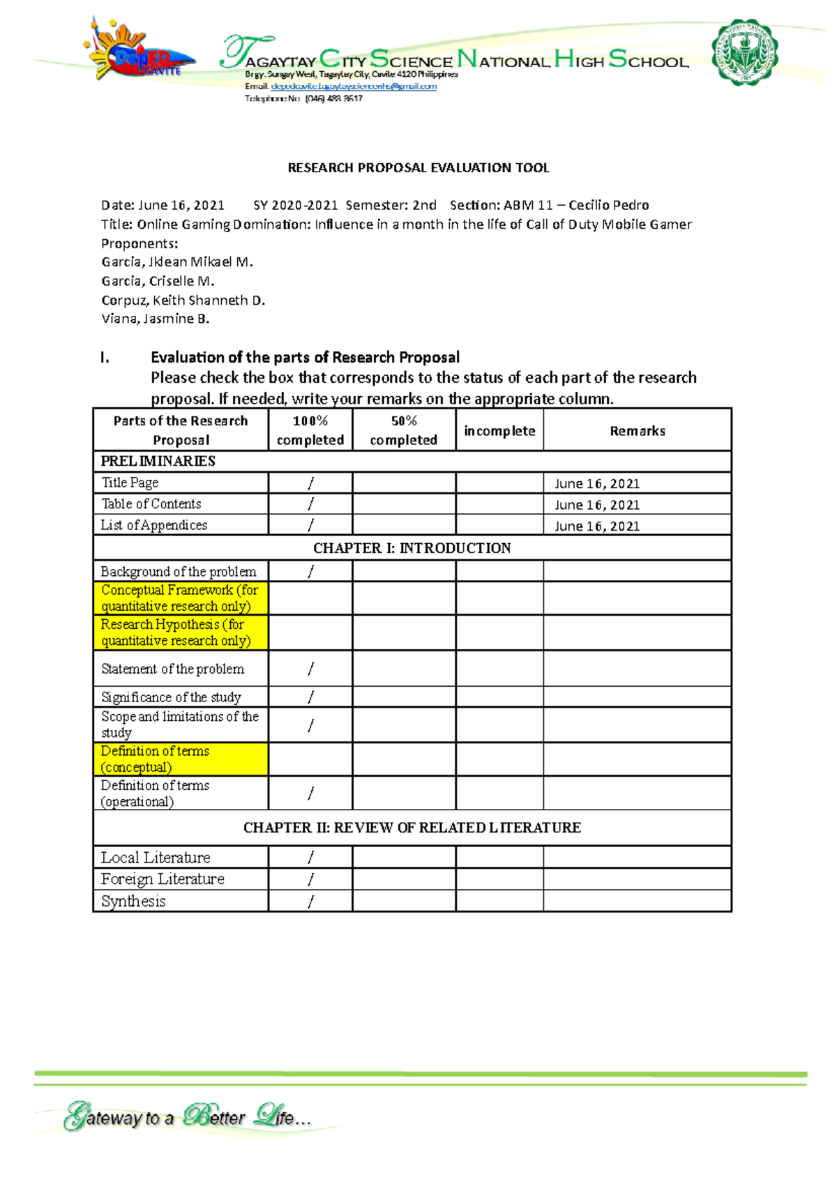 Checklist - CLIST - RESEARCH PROPOSAL EVALUATION TOOL Date: June 16 ...