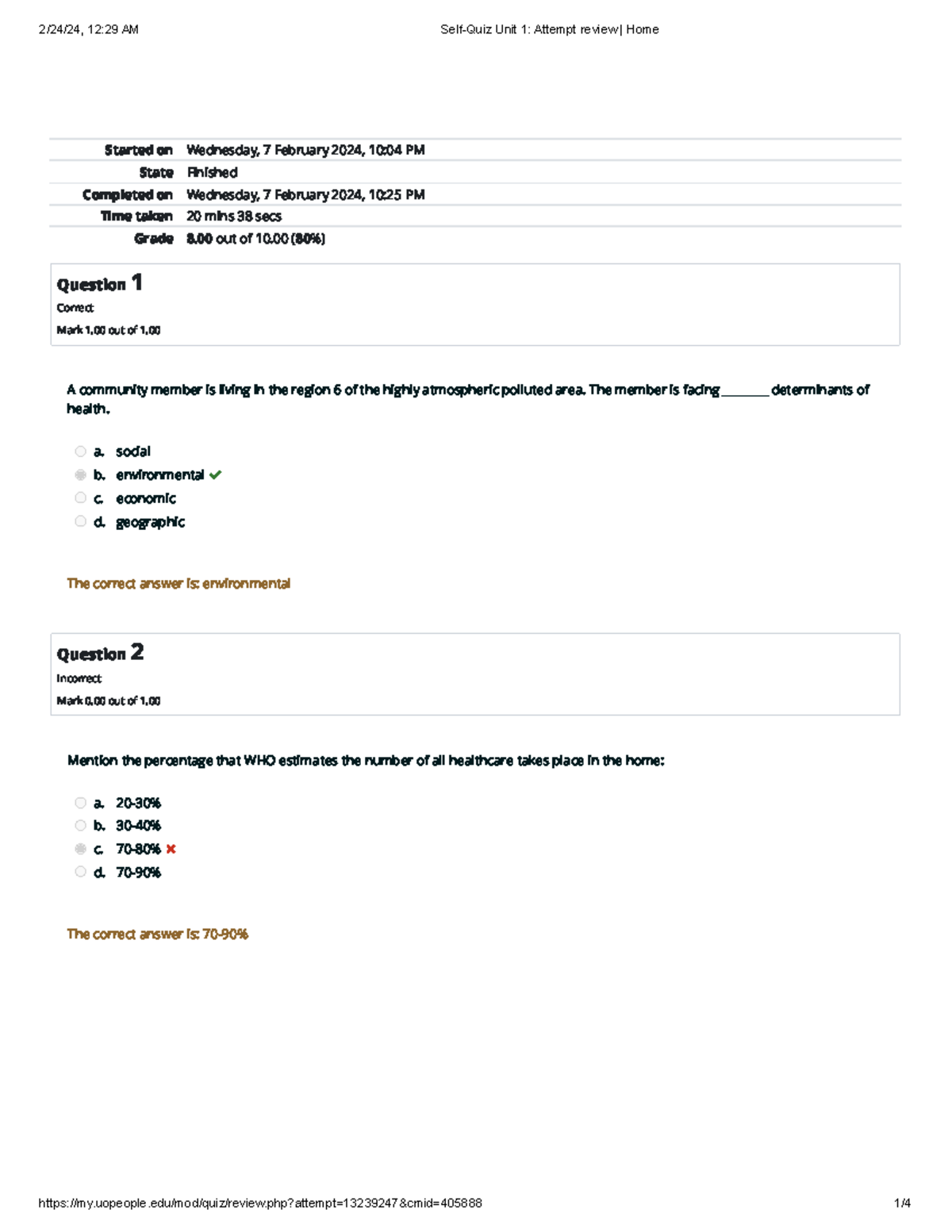 HS 3814 Self-Quiz Unit 1 Attempt review Home - Started on Wednesday, 7 February 2024, 10:04 PM ...