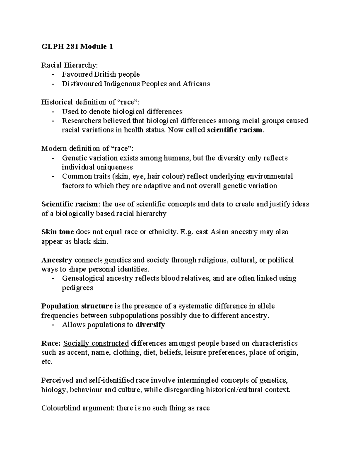 GLPH 281 Module 1 Notes - GLPH 281 Module 1 Racial Hierarchy ...