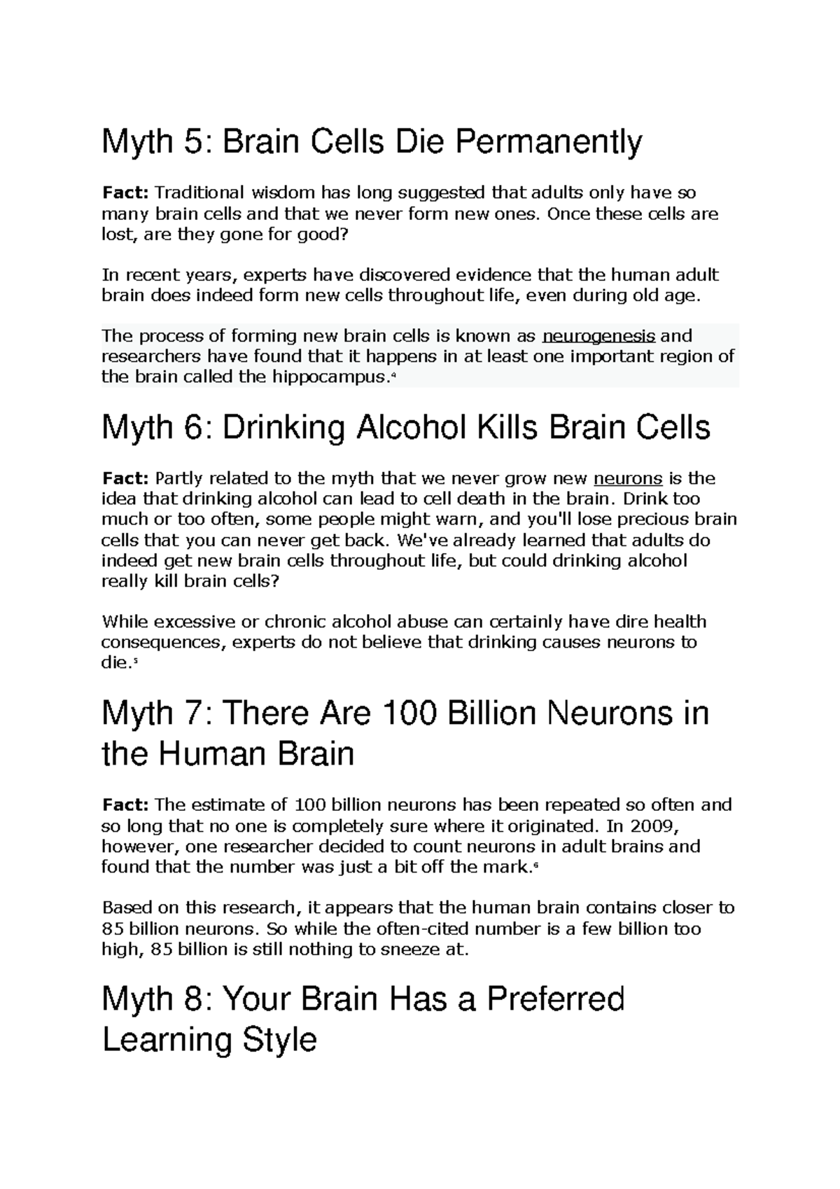 Myths about the brain 4 - Lecture notes 3 - Myt h 5: Brai n Cel ls Die ...