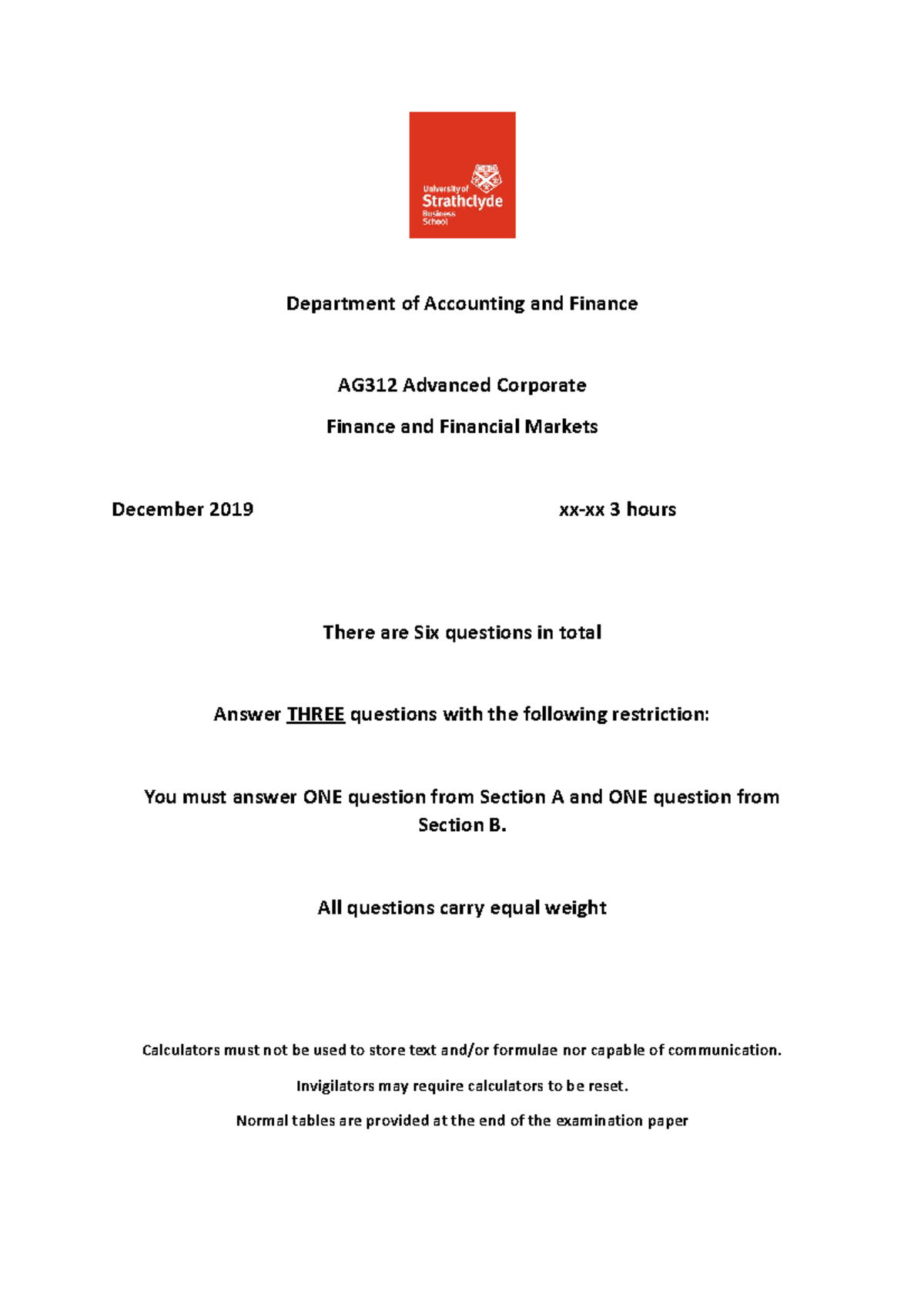 Finance 2019 - exam - Department of Accounting and Finance AG312 ...