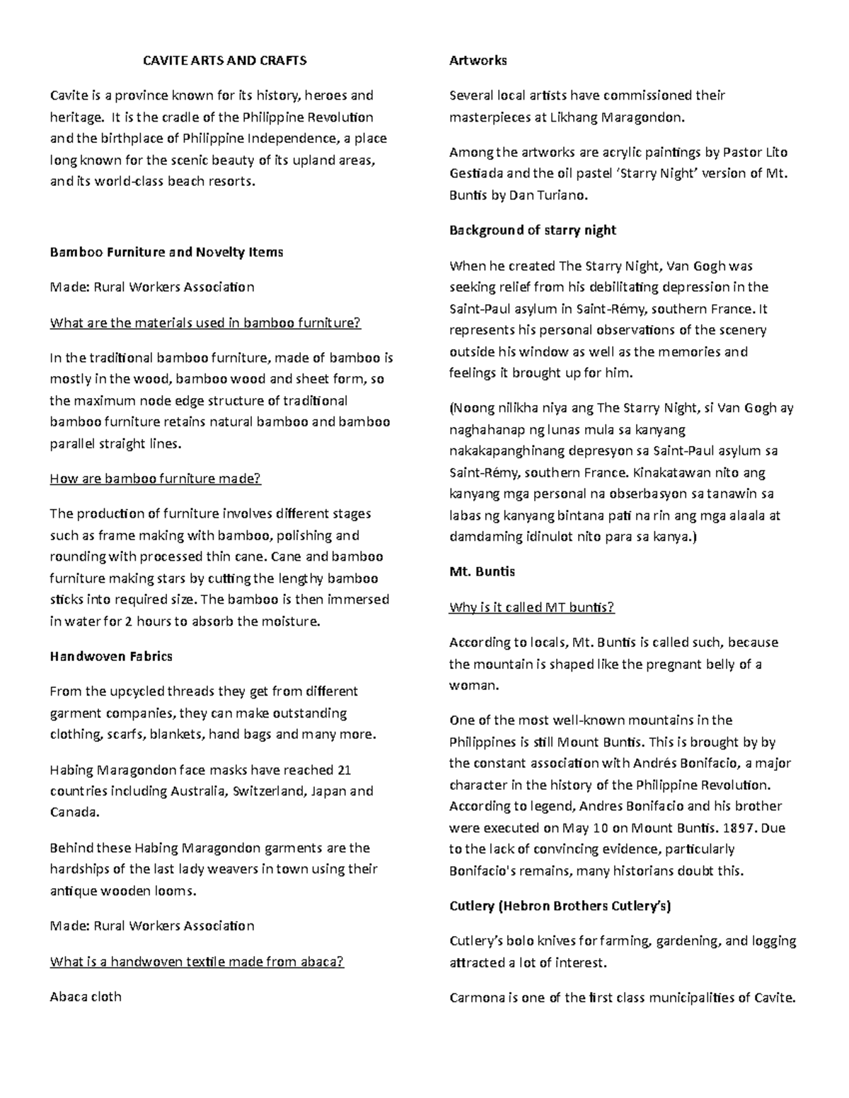 Group-2-HUM - Lecture notes - CAVITE ARTS AND CRAFTS Cavite is a ...