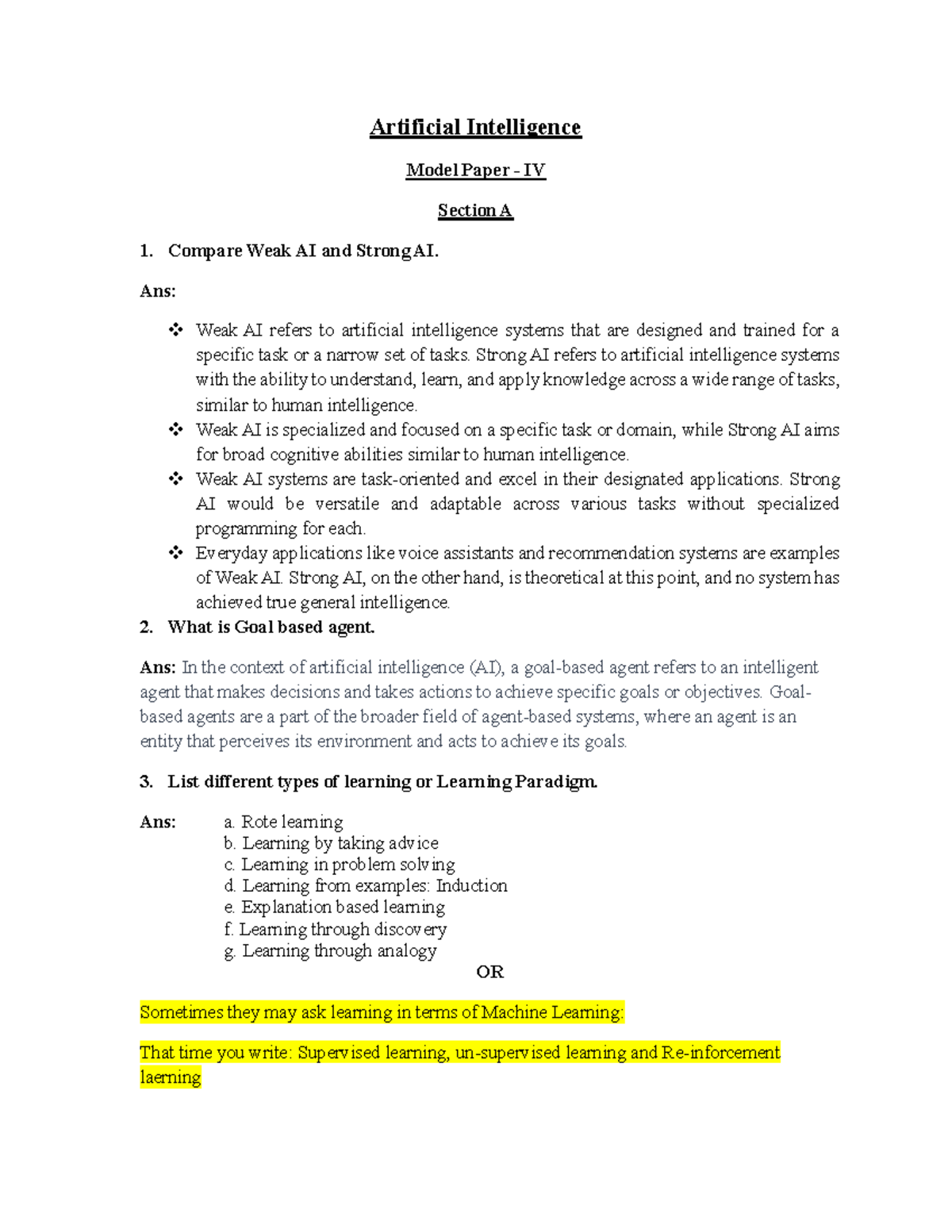 Model Paper - IV - Artificial Intelligence - Artificial Intelligence ...