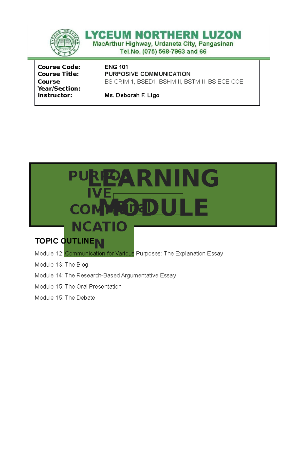 Final Module purposive communication - Course Code: ENG 101 Course ...