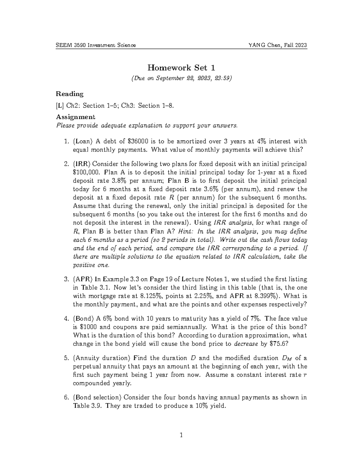 Homework 01 - Nil - SEEM 3590 Investment Science YANG Chen, Fall 2023 Homework Set 1 (Due on ...