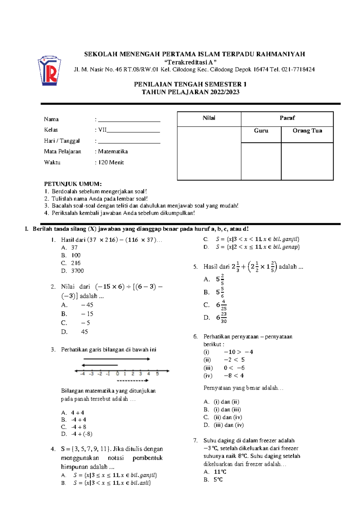 Soal PTS Math Level VII Desra Reifka Rhaudia - SEKOLAH MENENGAH PERTAMA ...