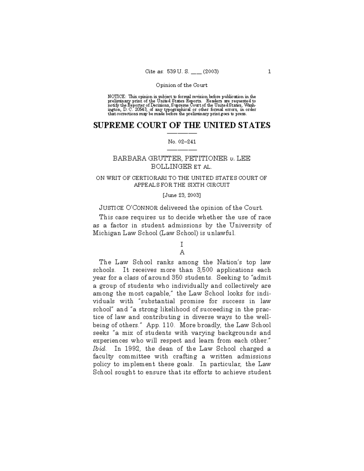 Grutter v Bolliner Opinion in the Case of Grutter v. Bollinger - Cite ...