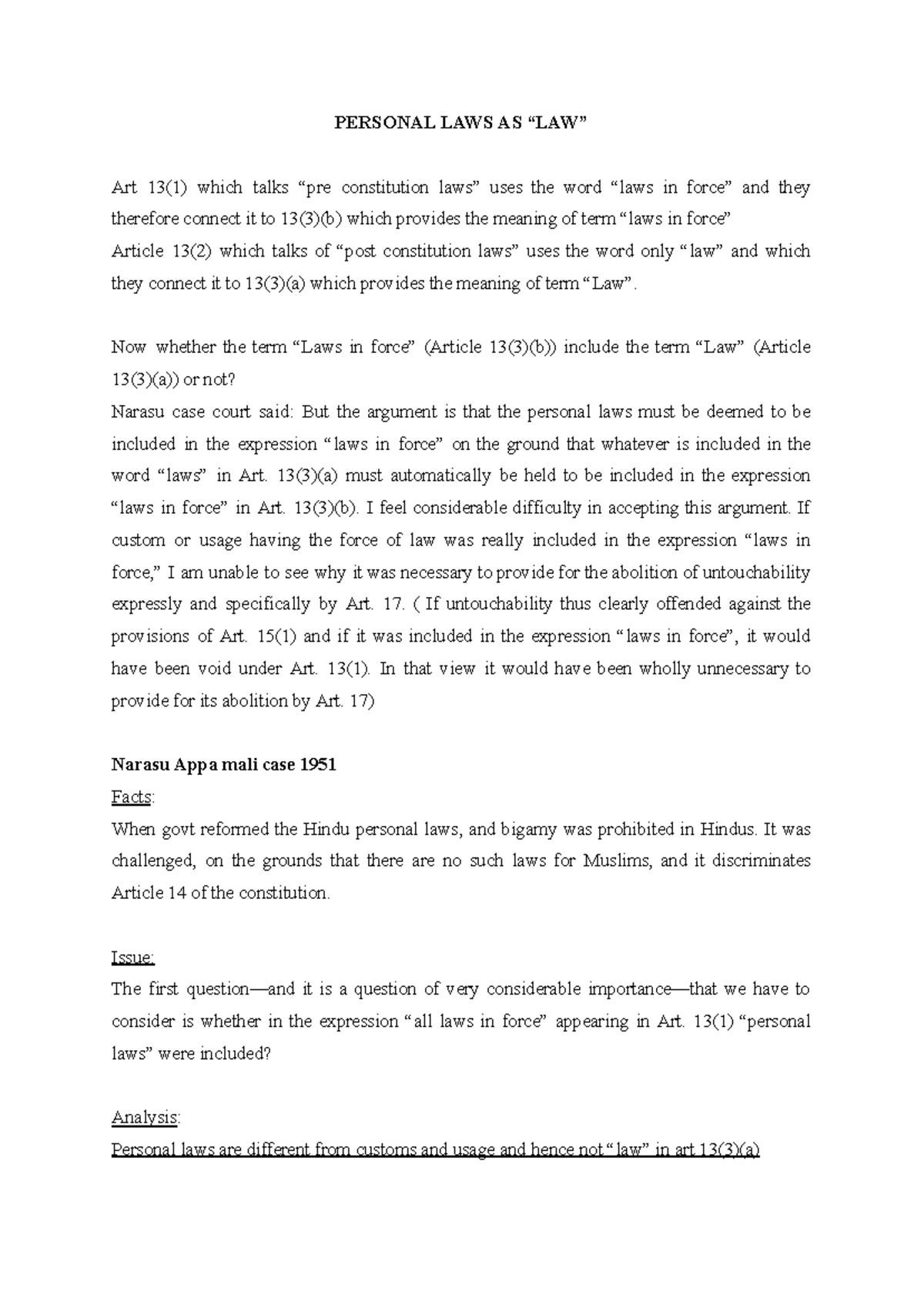 4(P). Personal LAWS AS “LAW” - PERSONAL LAWS AS “LAW” Art 13(1) which ...