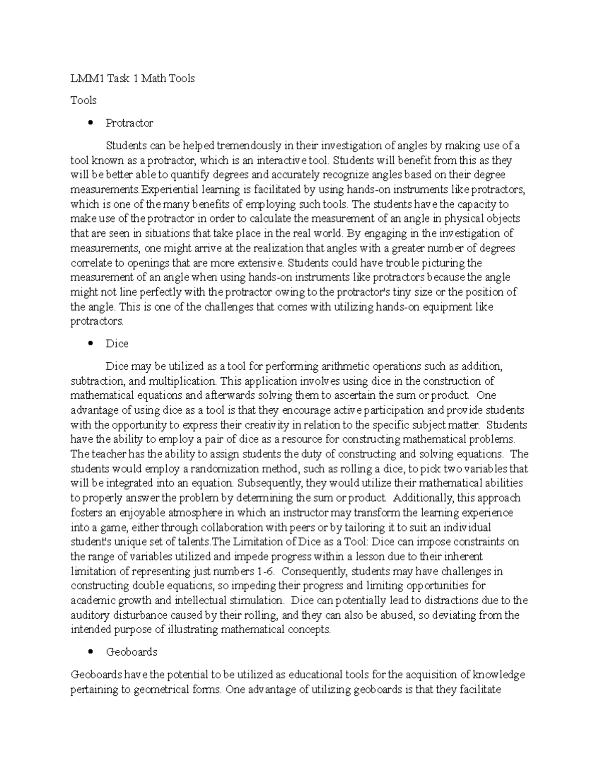 Lesson Plan LMM1 - LMM1 Task 1 Math Tools Tools Protractor Students can be helped tremendously ...