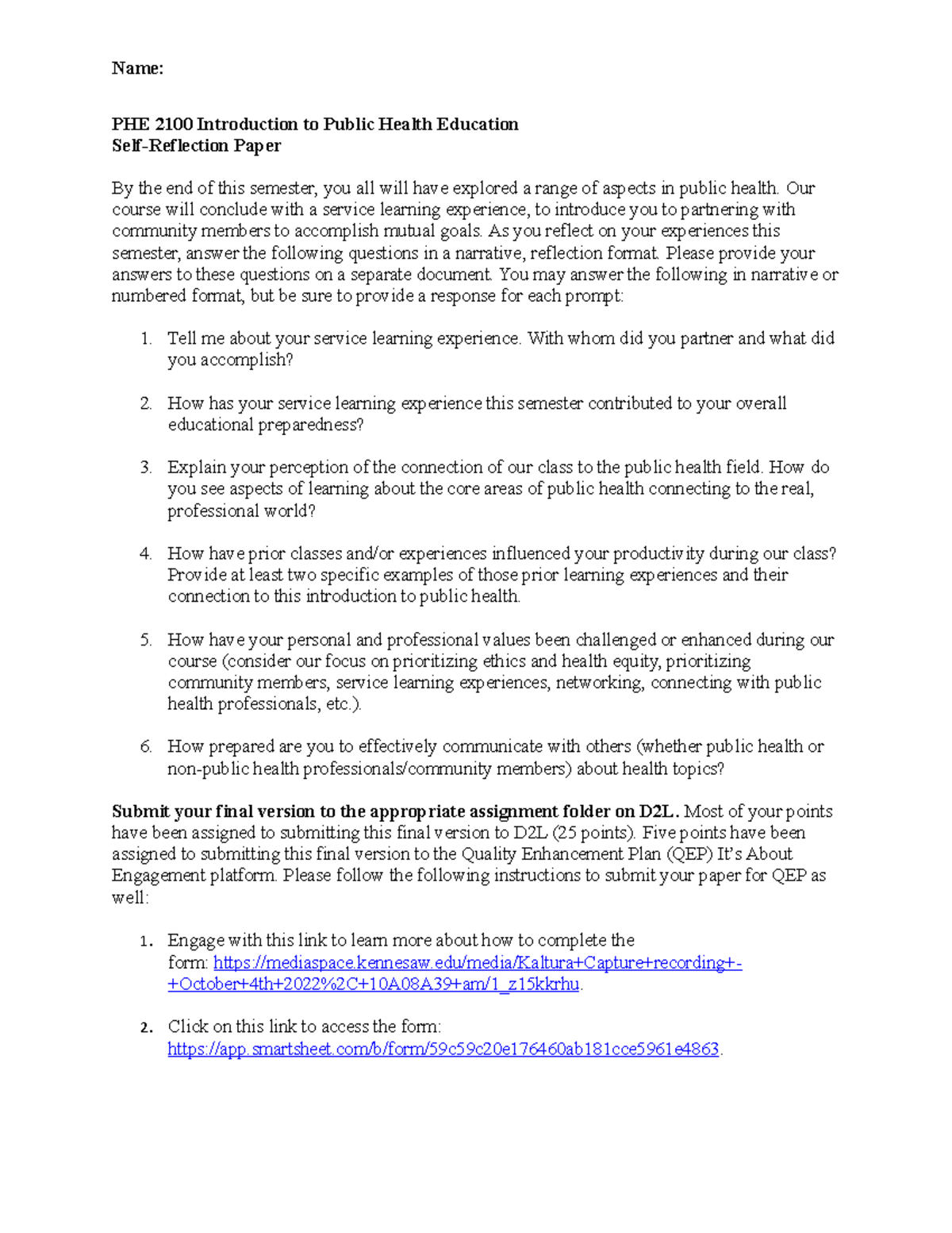PHE 2100 Self-Reflection Paper Instructions - Name: PHE 2100 ...