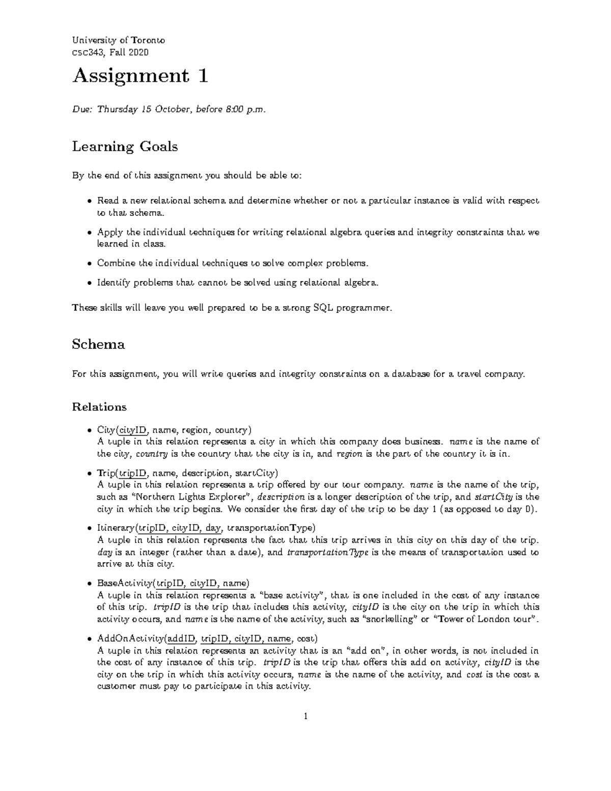 A1 - Assignment 1 - University of Toronto csc343, Fall 2020 Assignment ...