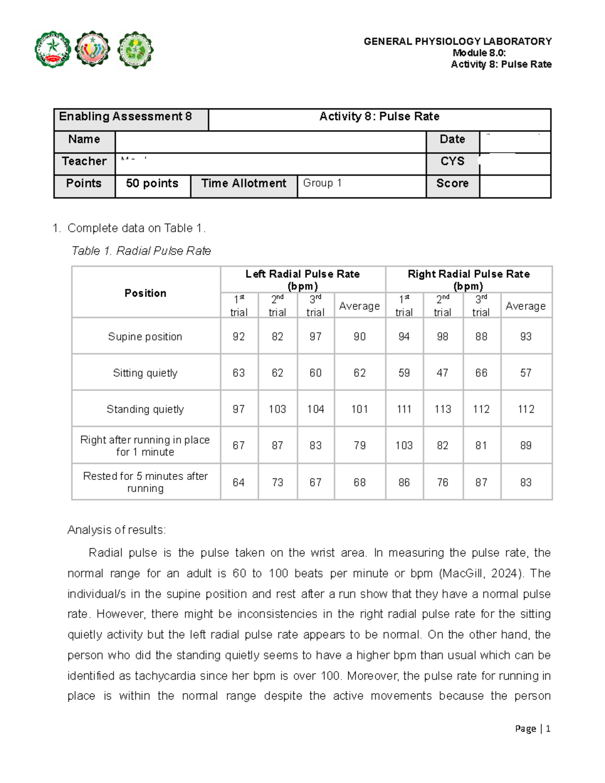 Enabling Assessment 7 Pulse Rate - Module 8: Activity 8: Pulse Rate ...