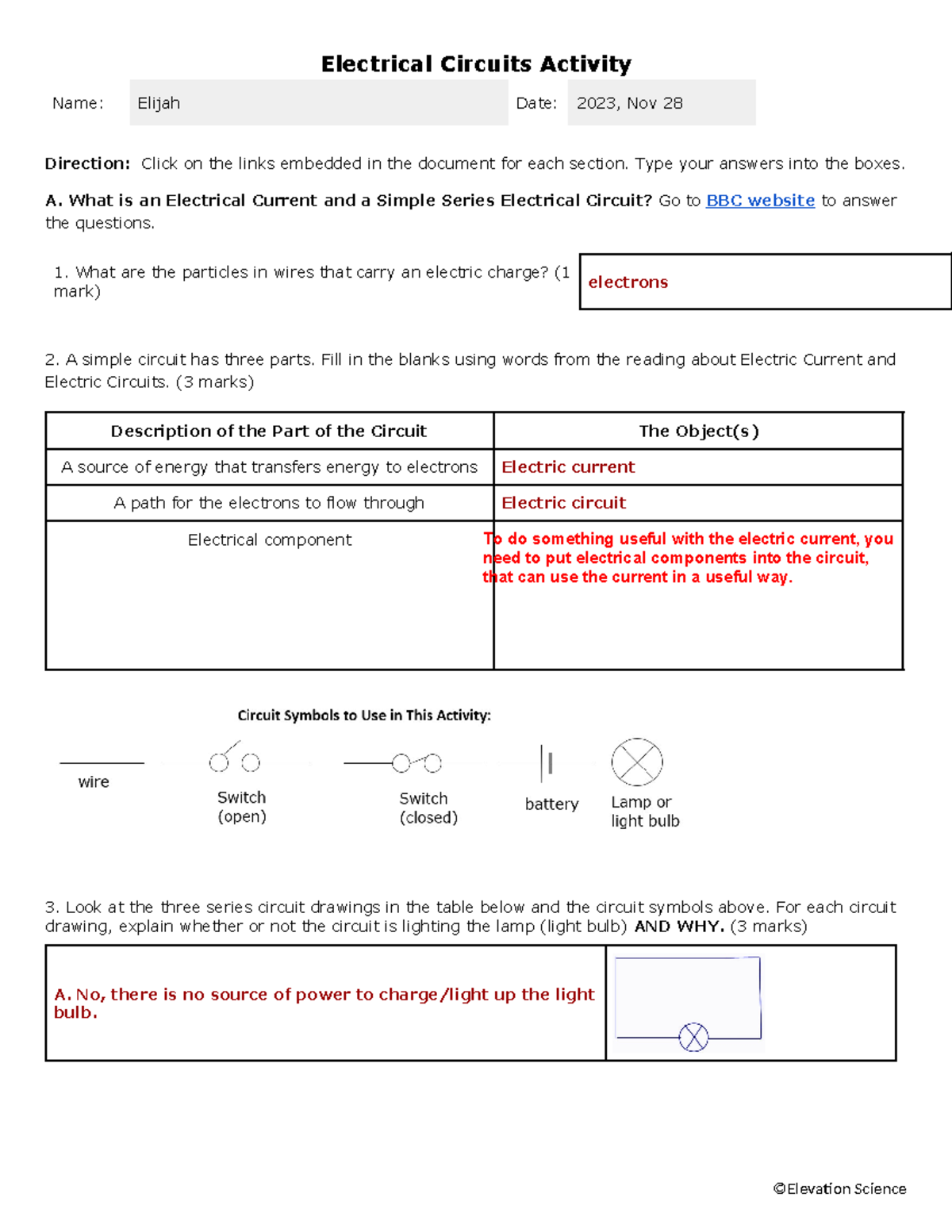 Copy of Electrical Circuits Activity Student Pages - Electrical ...