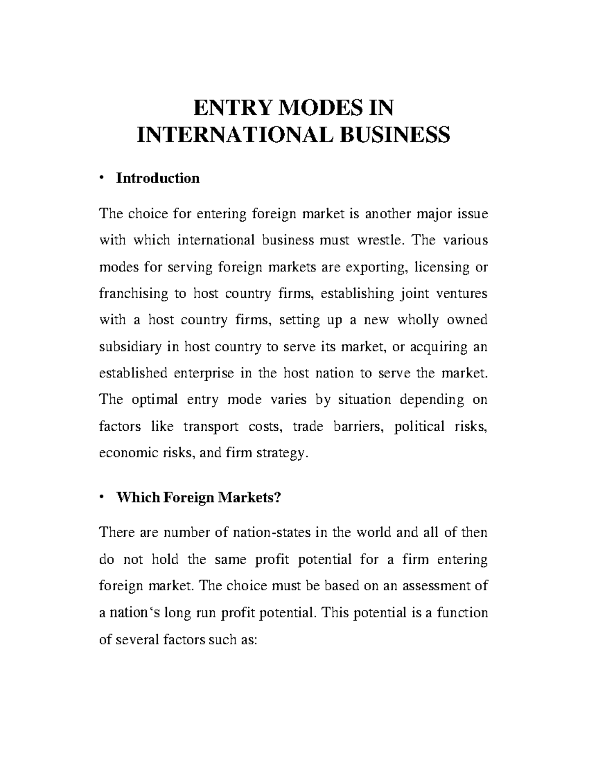 Entry Modes IN International Business - ENTRY MODES IN INTERNATIONAL ...