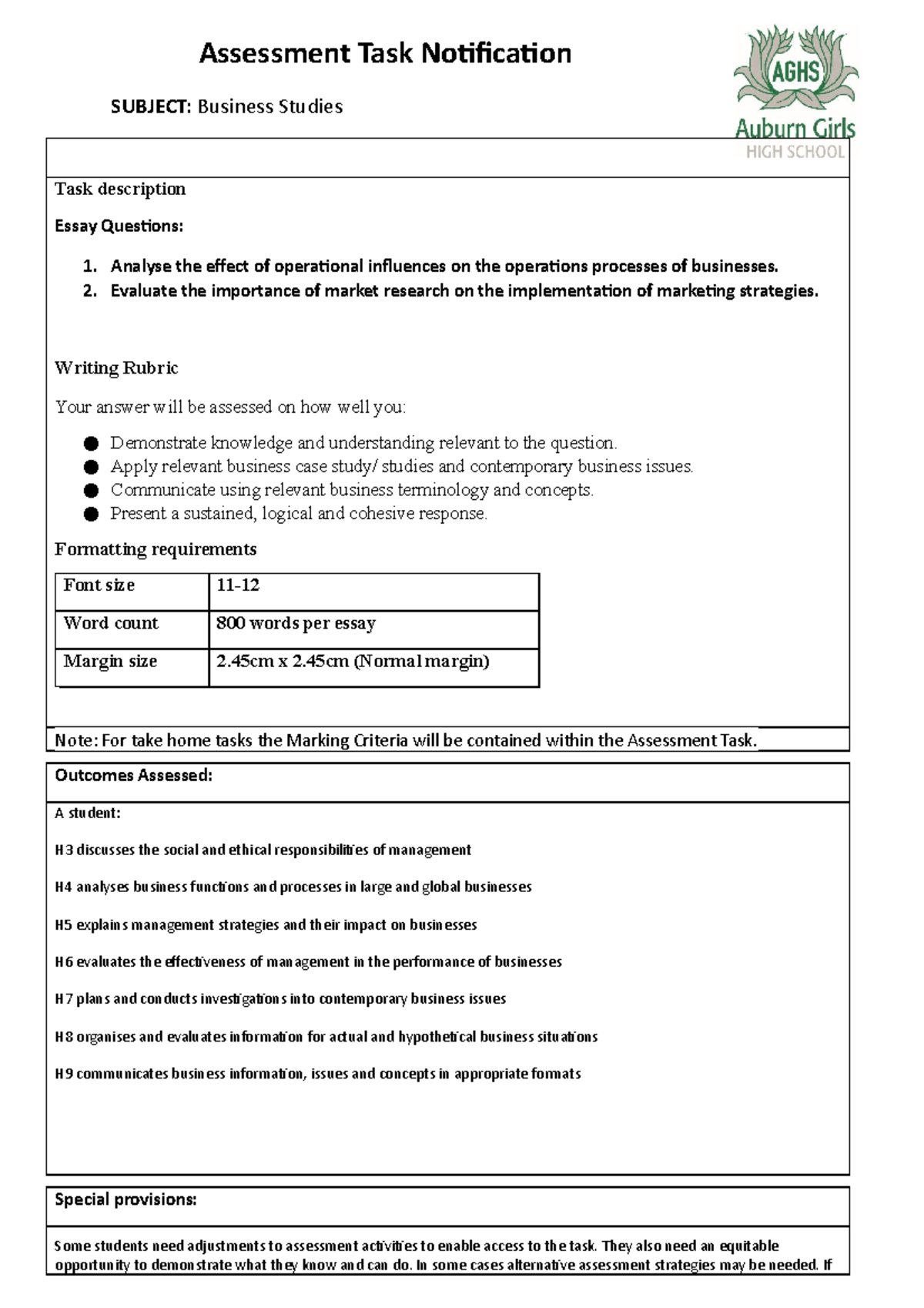 Business studies year 12 - Assessment Task Notification SUBJECT ...