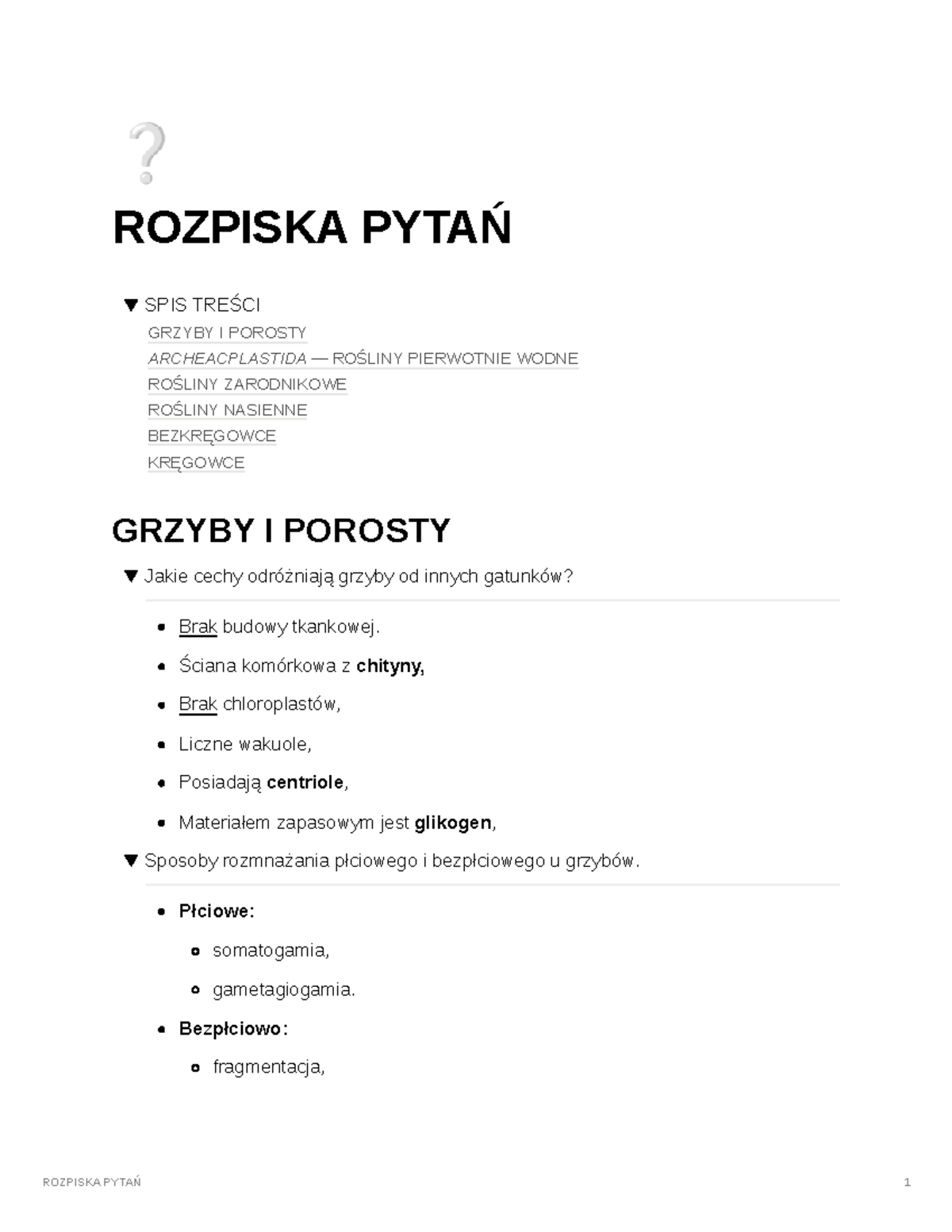 Rozpiska Pytań - ROZPISKA PYTAŃ SPIS TREŚCI GRZYBY I POROSTY Jakie ...