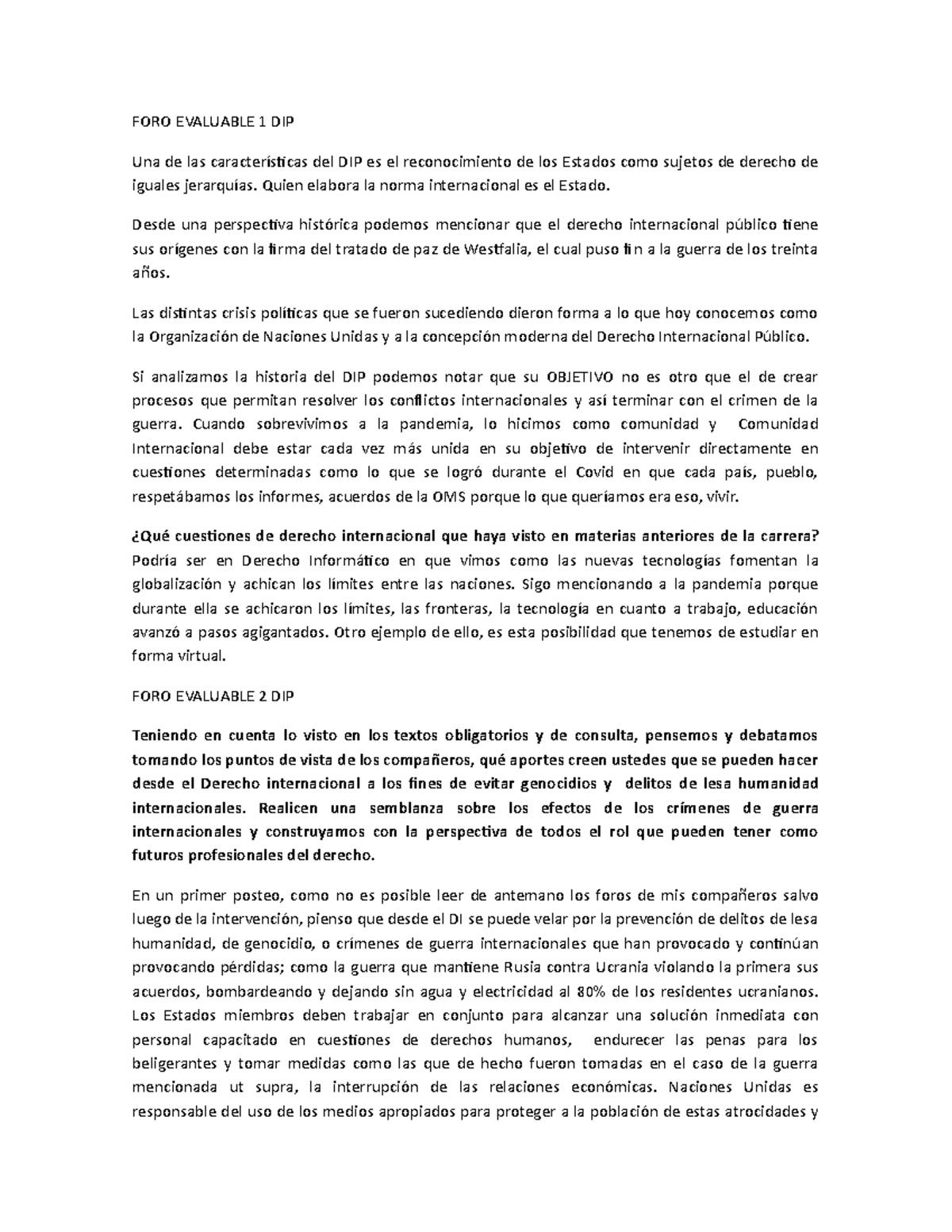 Foro Evaluable 1 DIP - FORO EVALUABLE 1 DIP Una de las características del DIP es el ...