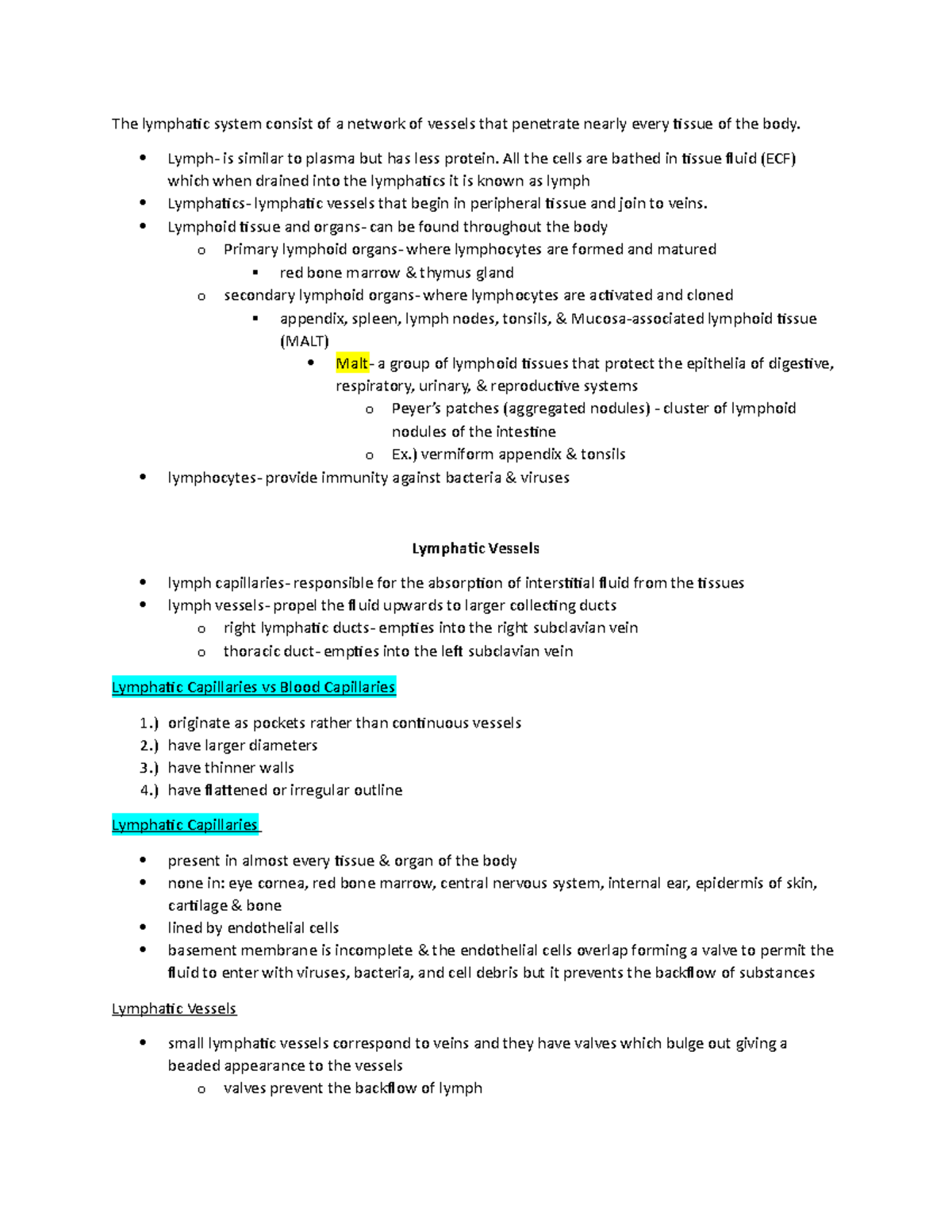 Lymphatic System PART 1 Notes - The lymphatic system consist of a ...