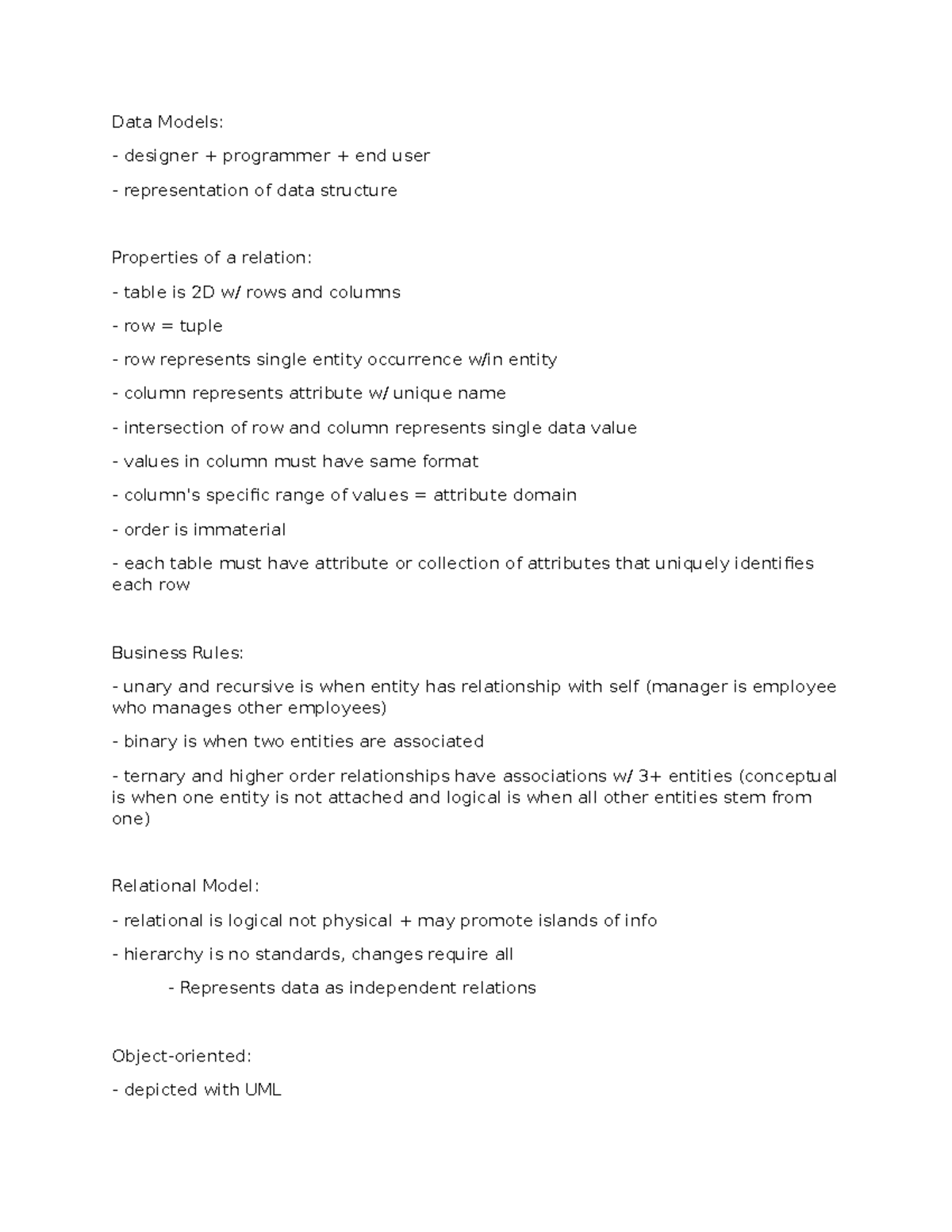 Inf2603 definitions - Data Models: designer + programmer + end user ...