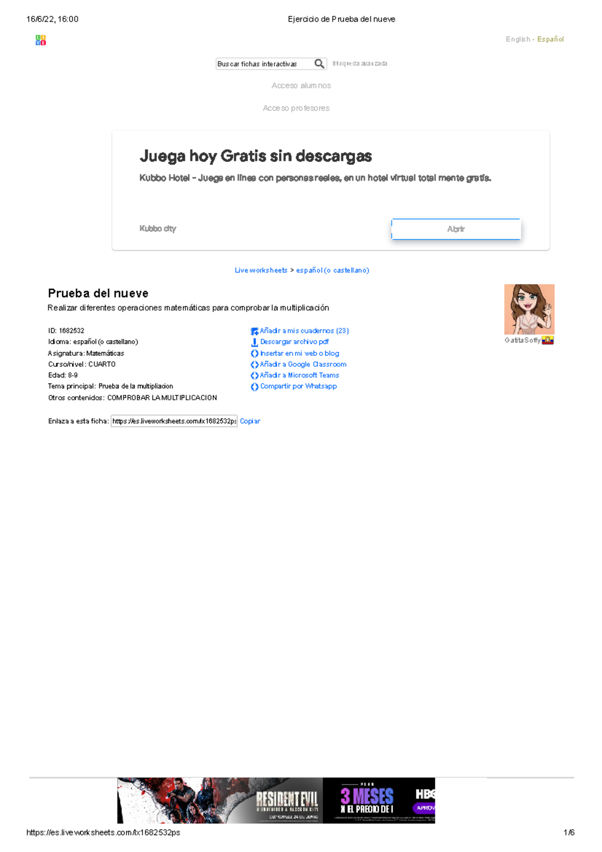 Ejercicio de Prueba del nueve - English - Español Acceso alumnos Acceso profesores Live ...