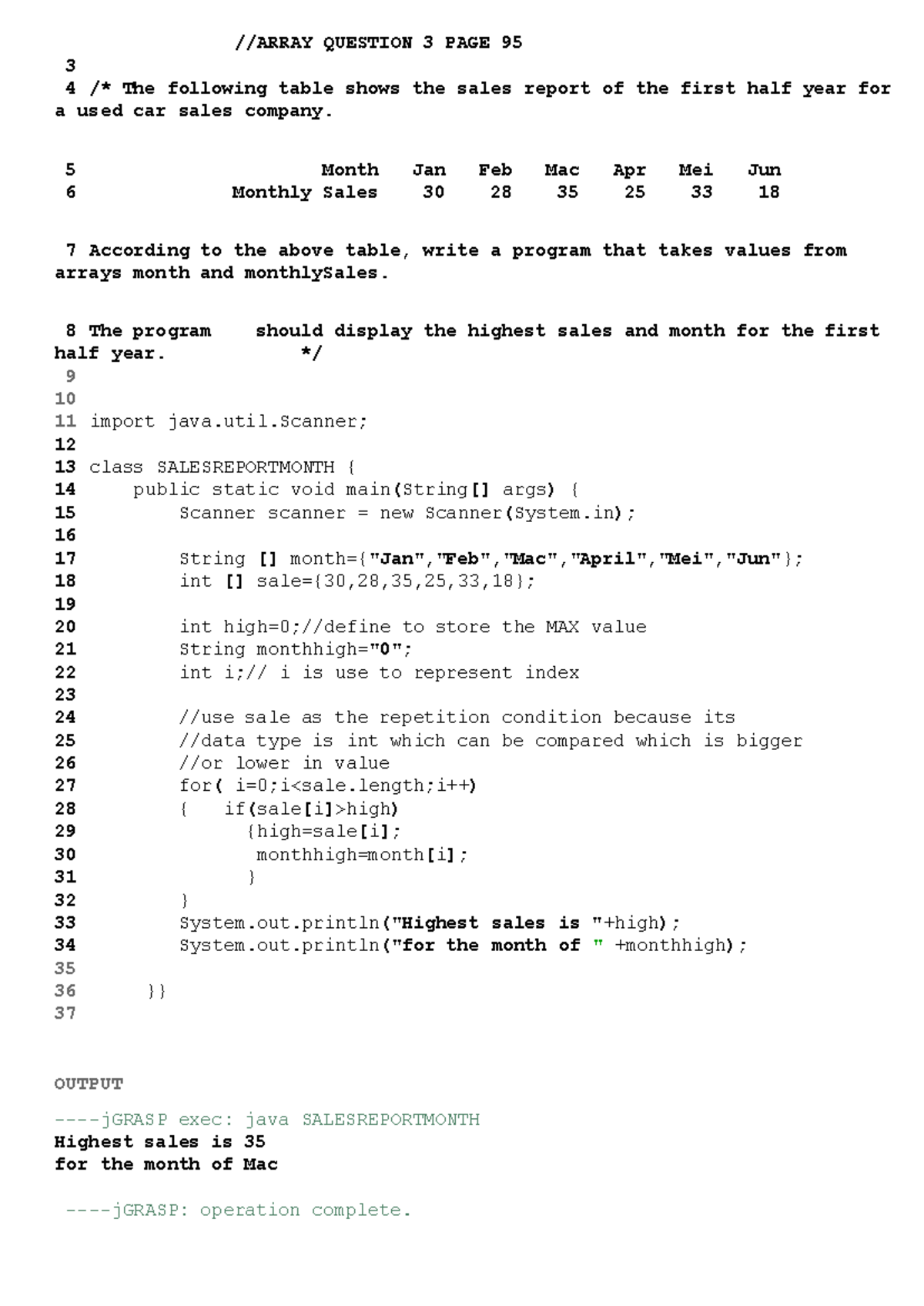 Q&A Array - //ARRAY QUESTION 3 PAGE 95 3 4 /* The following table shows ...