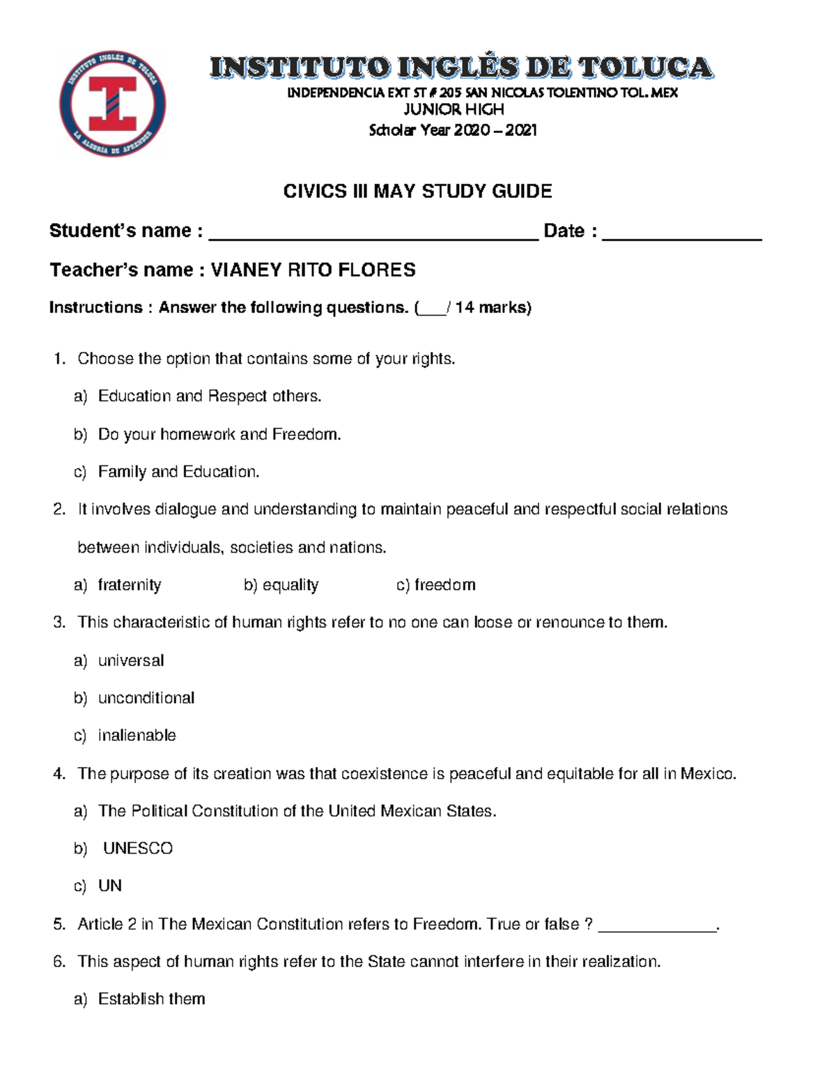 Civics III MAY Study Guide - INDEPENDENCIA EXT ST # 205 SAN NICOLAS ...