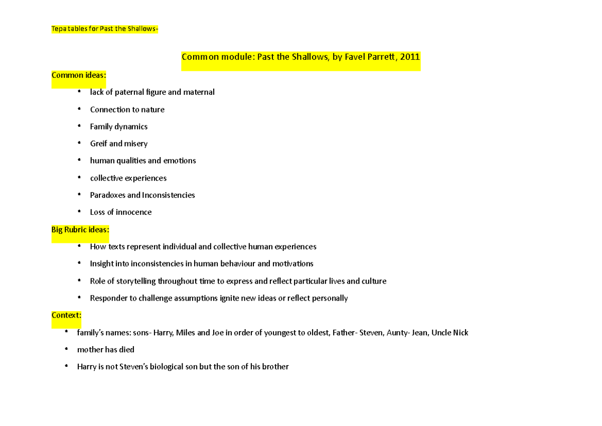 Past-The-Shallows - past the shallows notes - Common module: Past the ...