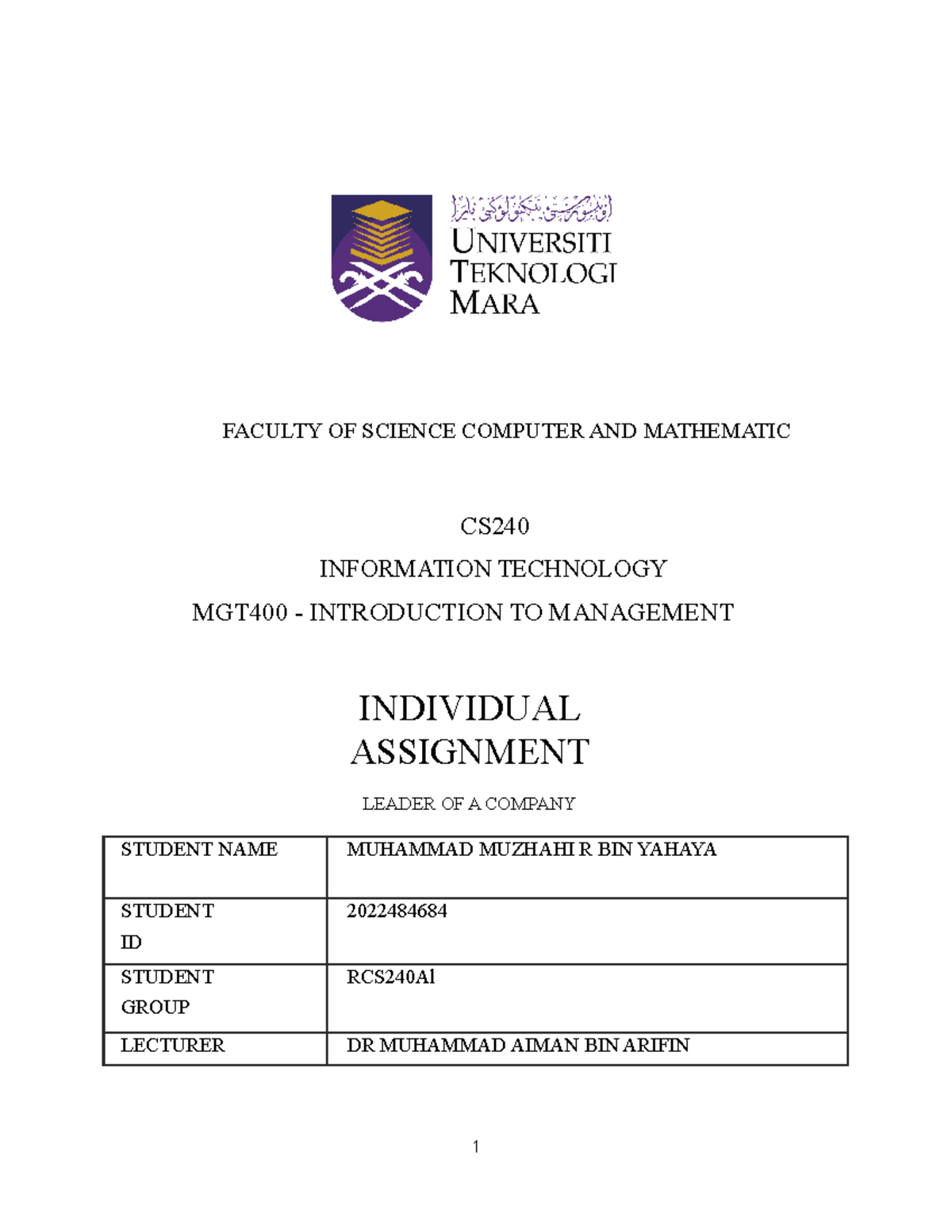 MGTAssignment 1 - Eg of cover page - FACULTY OF SCIENCE COMPUTER AND ...