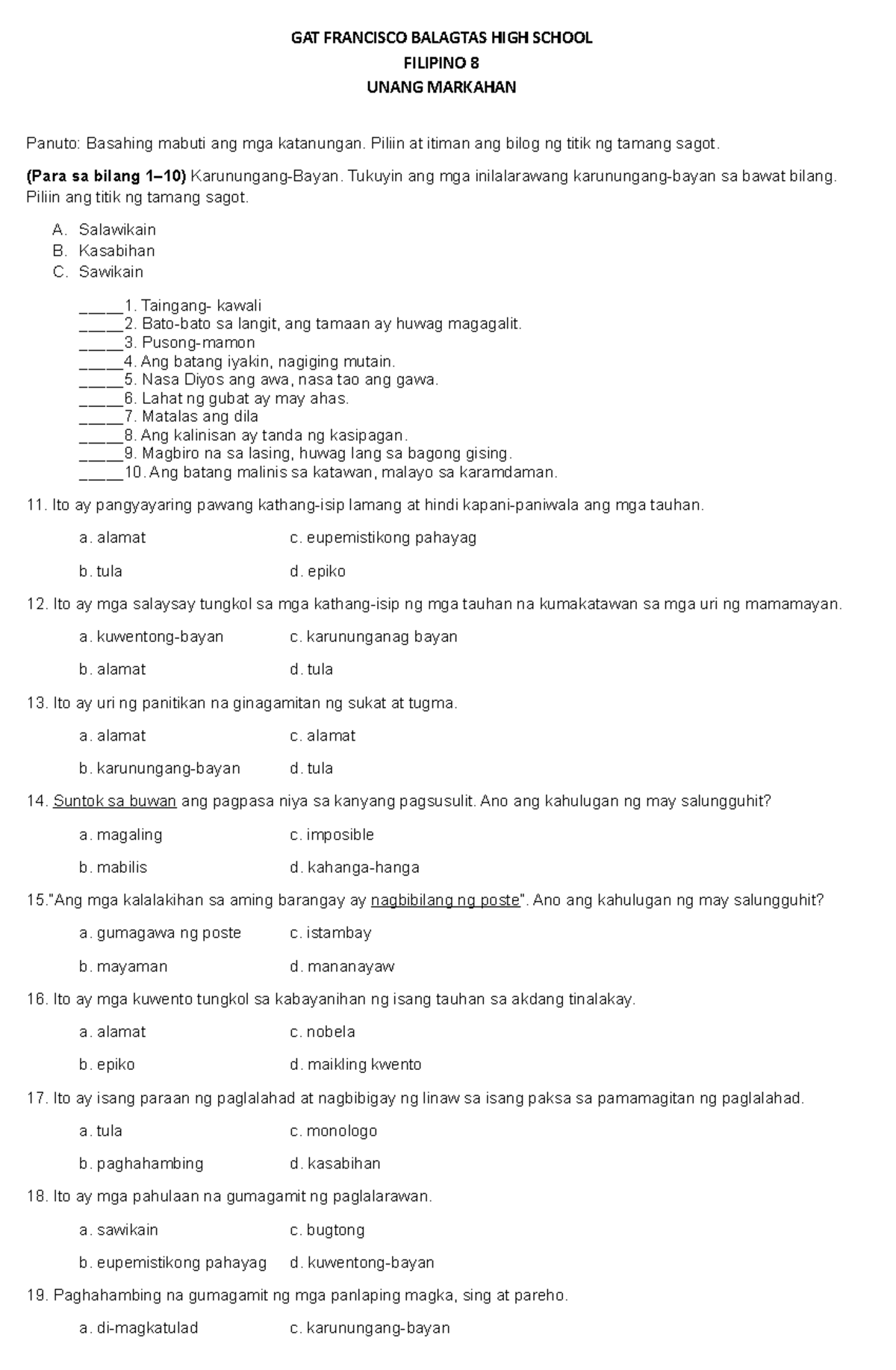 Q1- Diagnostic TEST- Filipino 8 - GAT FRANCISCO BALAGTAS HIGH SCHOOL ...