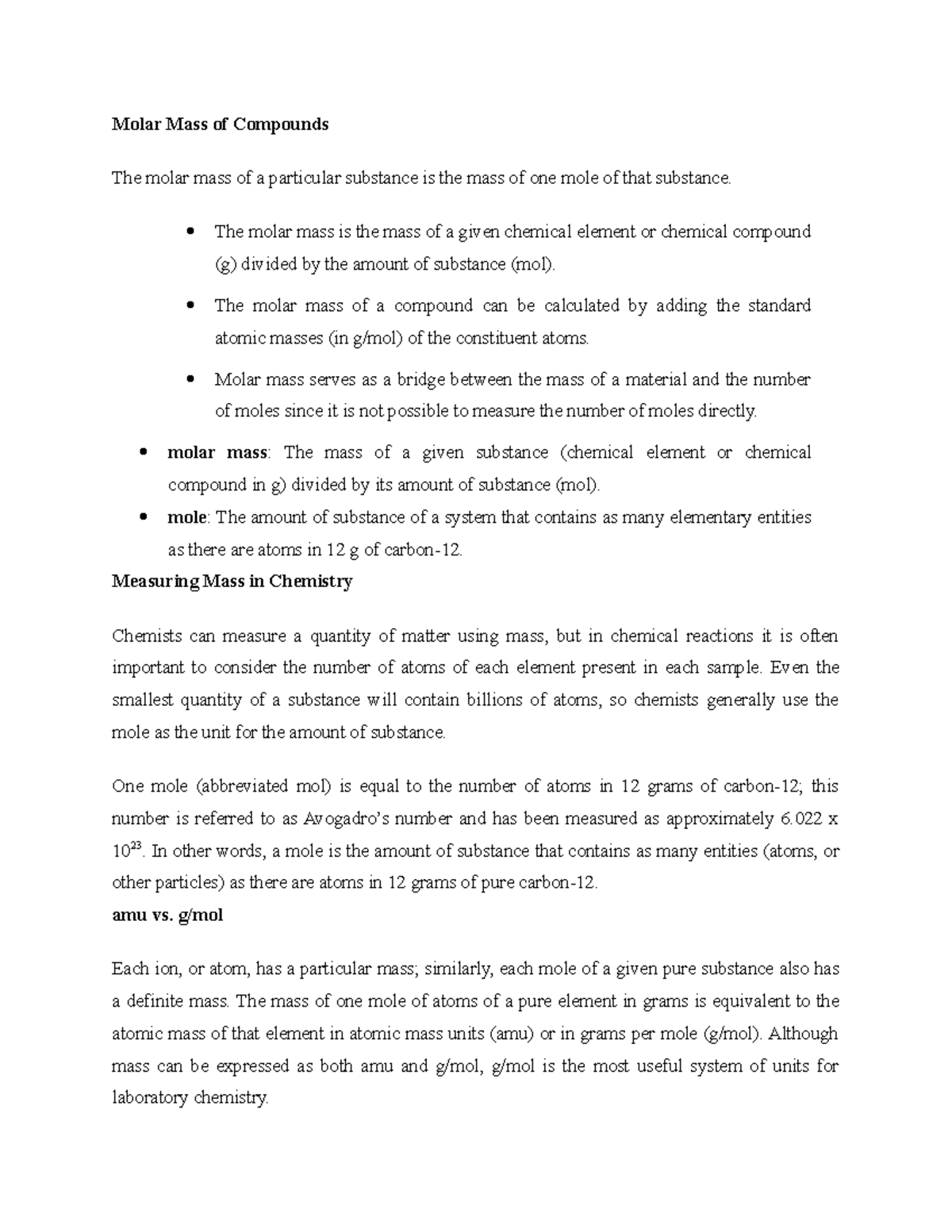 Molar Mass of Compounds - The molar mass is the mass of a given ...