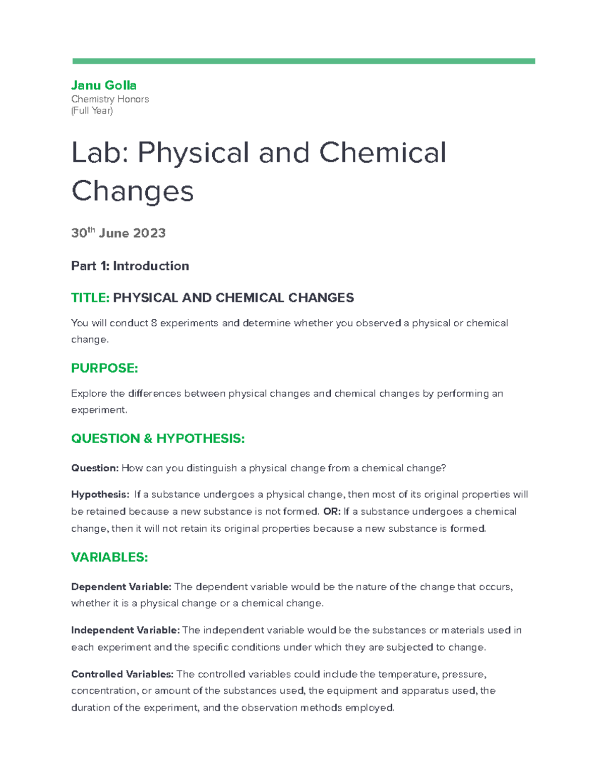 Lab Physical and Chemical Changes (Janu Golla) - Janu Golla Chemistry ...